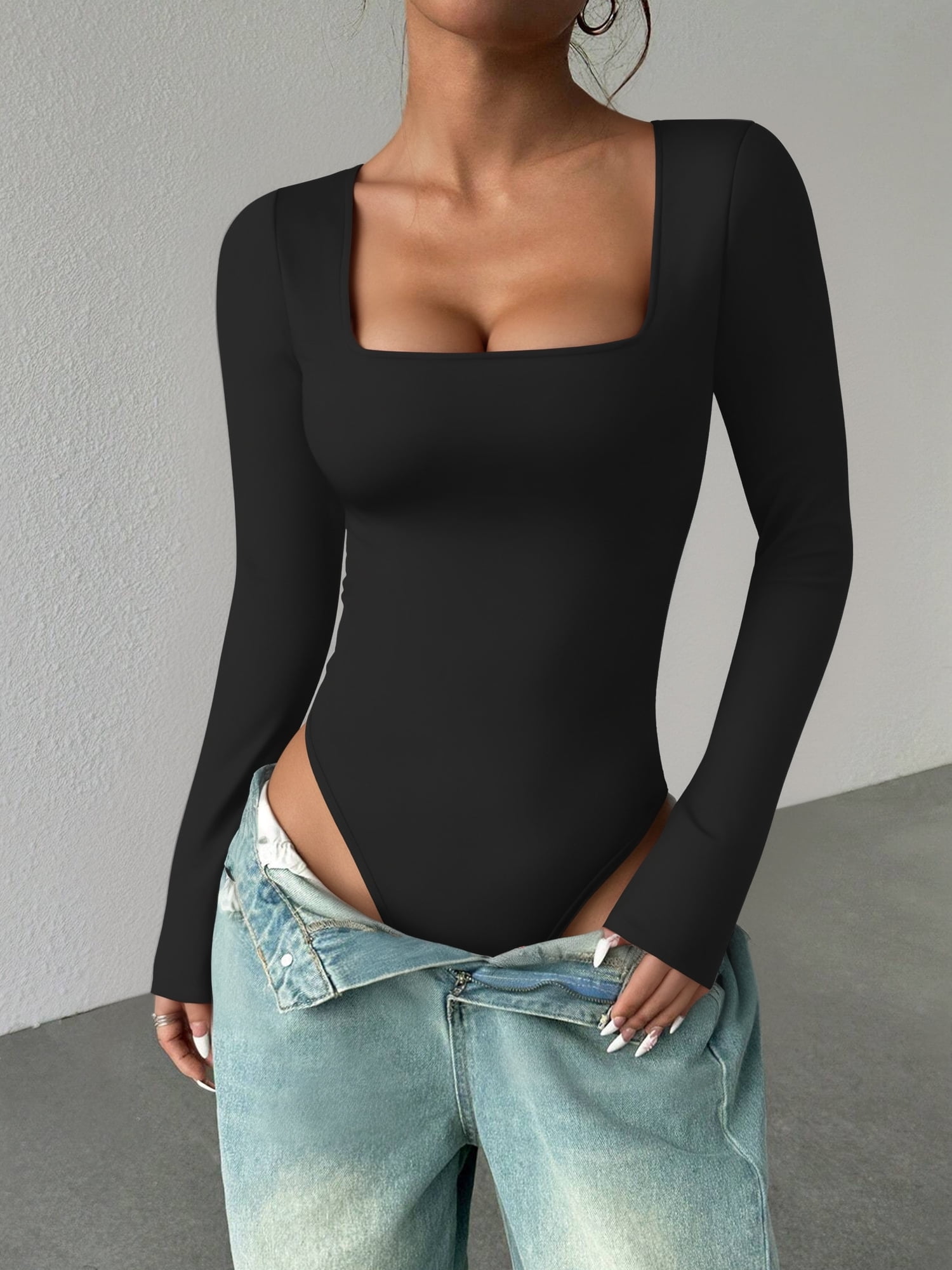MOYIKO Square Neck Tops for Women Long Sleeve Body Suits Womens Fitted Tight Tops - Walmart.com