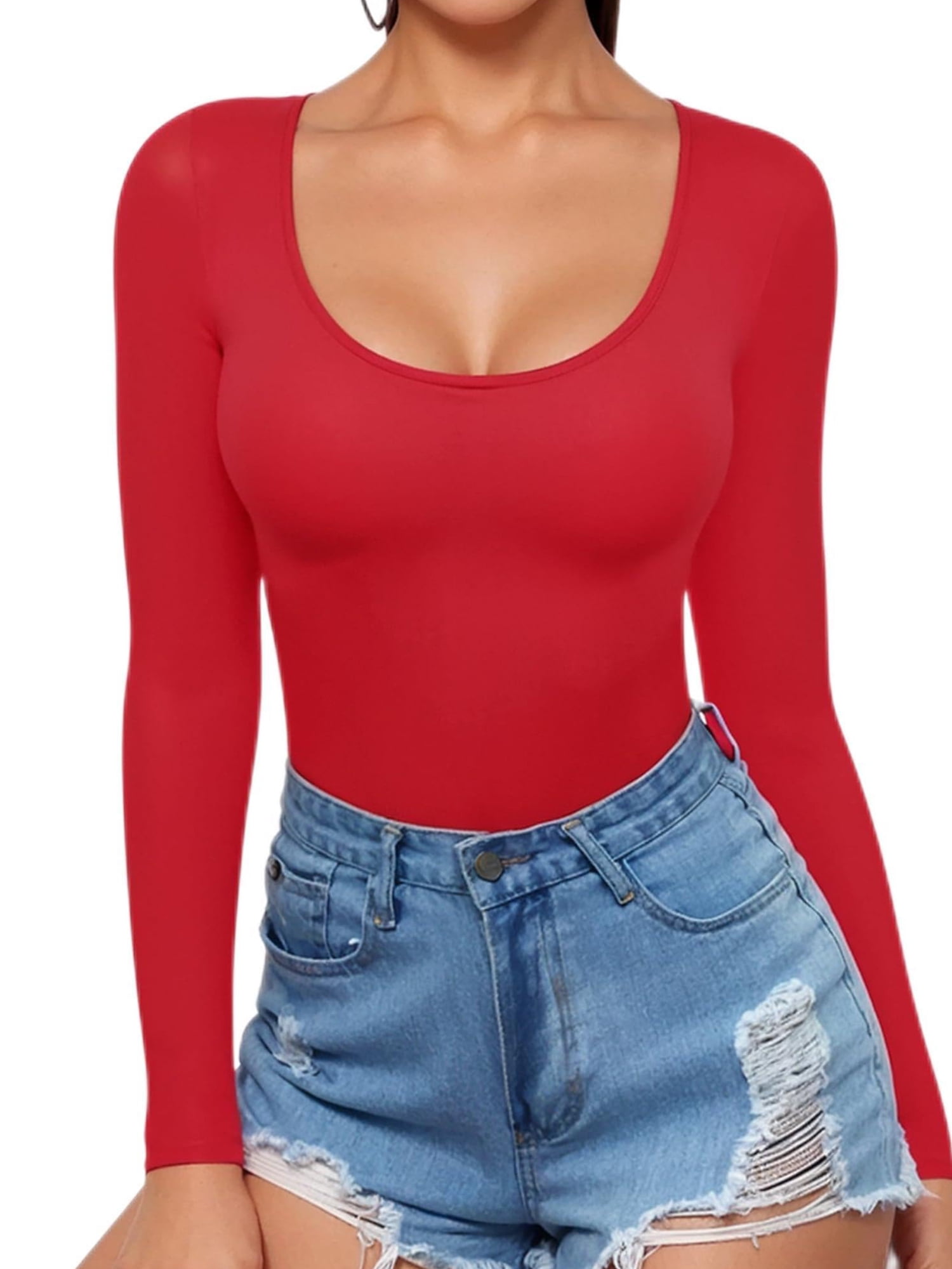 MOYIKO Scoop Neck Long Sleeve Shirts for Women Round Neck Fitted T Shirts Womens Tops Tee,Size ...