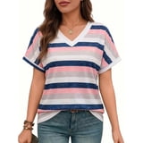 MOYIKO Womens Summer Tops Short Dolman Sleeve T Shirts V Neck Striped ...