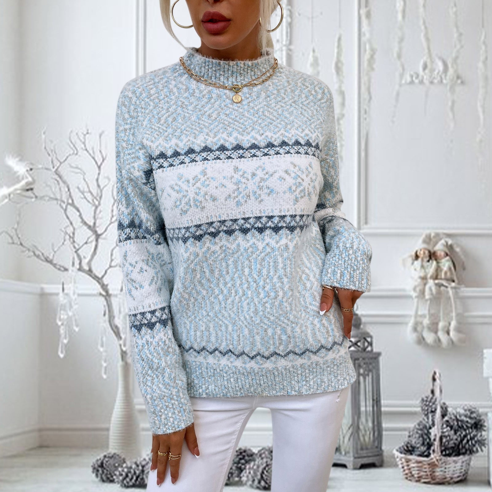 MPWEGNP Christmas Women's Christmas Snowflake Sweater Turtleneck ...