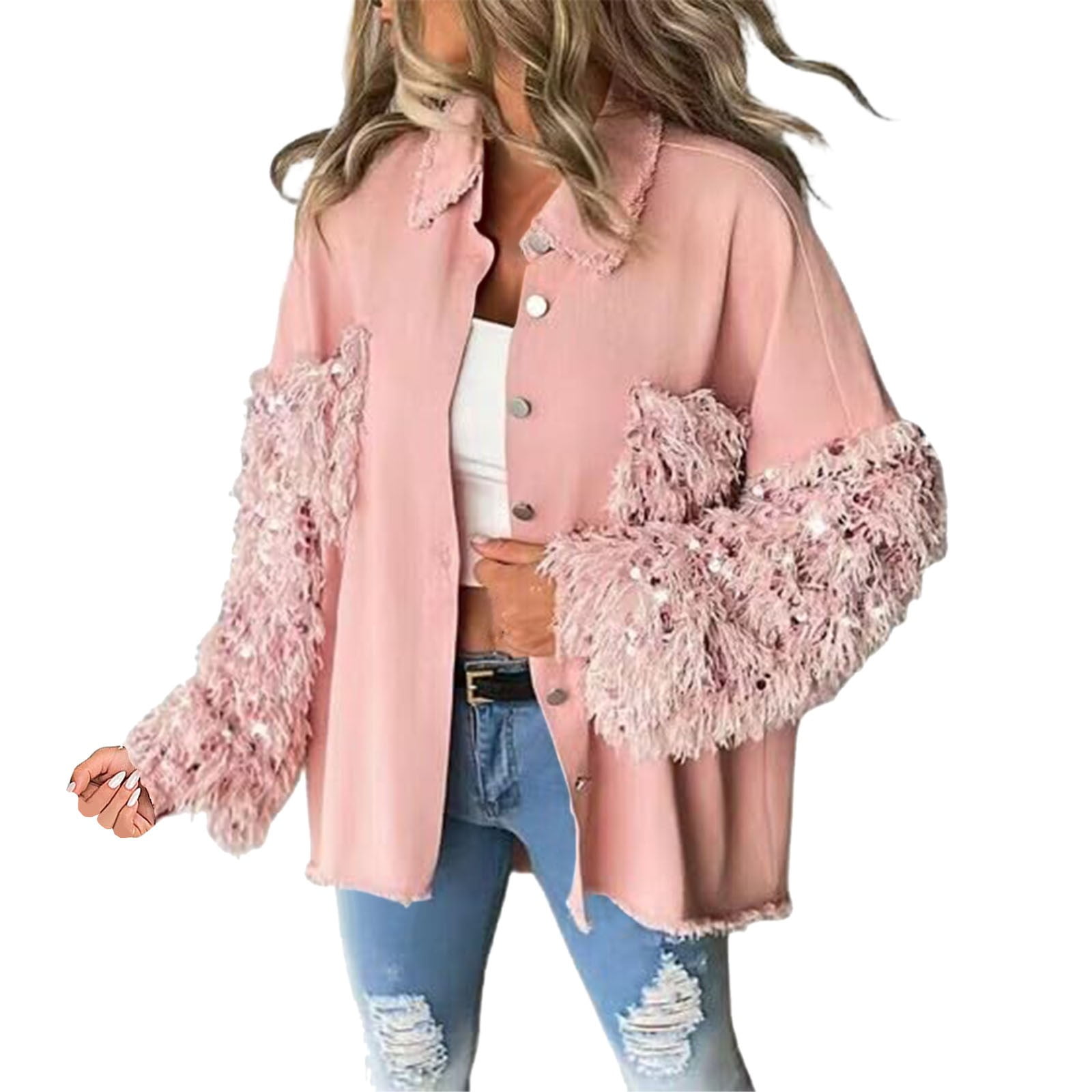 MPWEGNP Lady Jacket Sequin Patchwork Long Sleeve Jacket Top Button ...