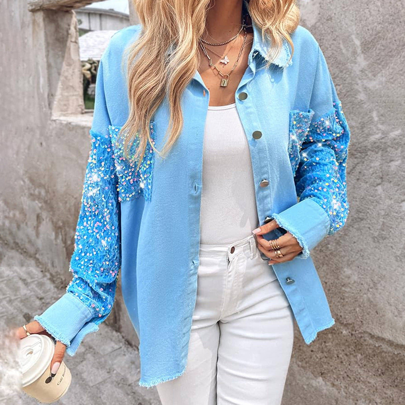 MPWEGNP Lady Jacket Sequin Patchwork Long Sleeve Jacket Top Button ...