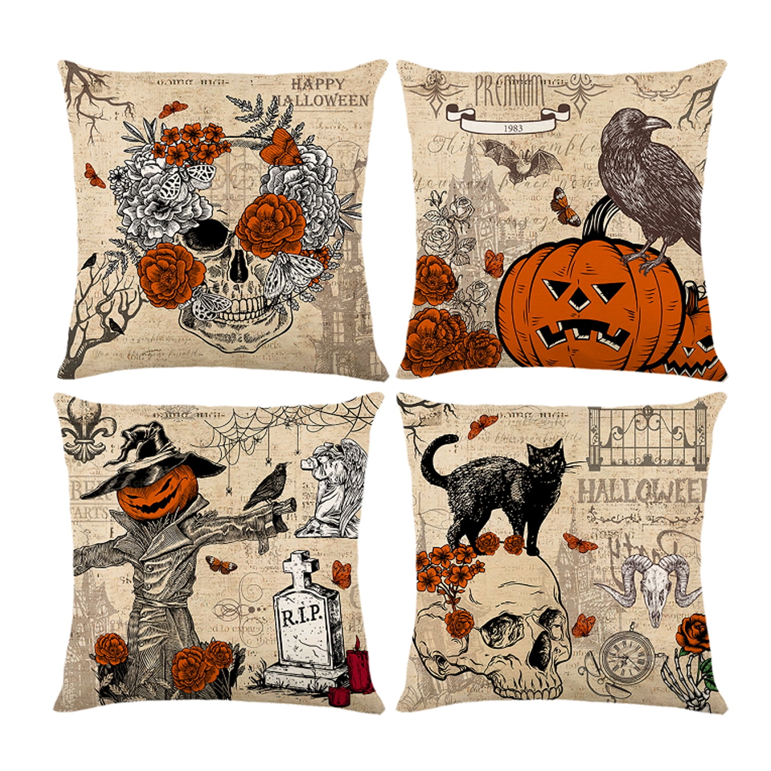 MQ Halloween 4pc 18x18 Inches Pillow Covers - Scarecrow, Skull, Crow ...