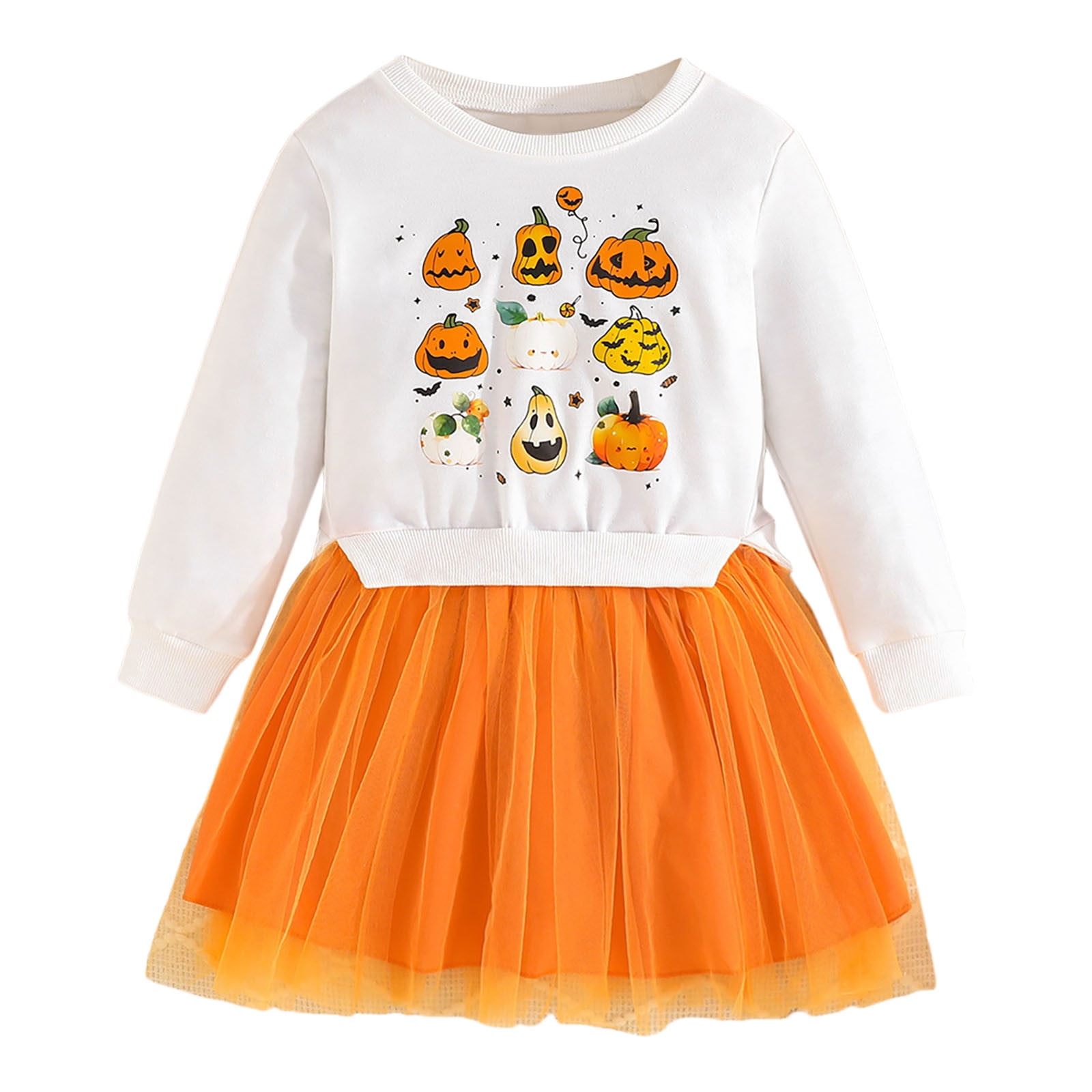 MQLKF Girl's Halloween Pumpkin Print Long Sleeved Top Bow Mesh Skirt Two Piece Dress Set Simple ...