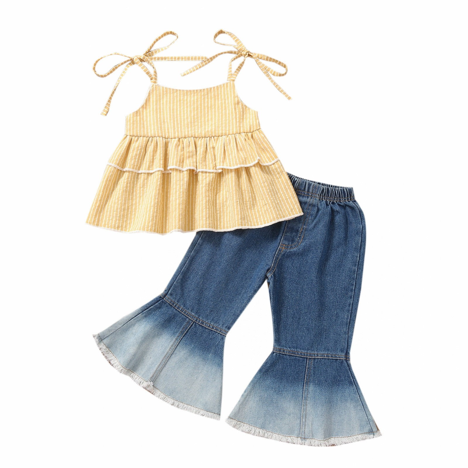 MQLKF Girls' Clothing Striped Suspenders Denim Flared Pants 2 Piece ...