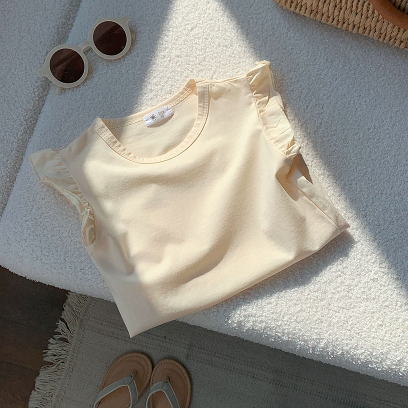 MQLKF Girls Ruffle Sleeve T Shirt Solid Color Vest Girls Basic Short ...