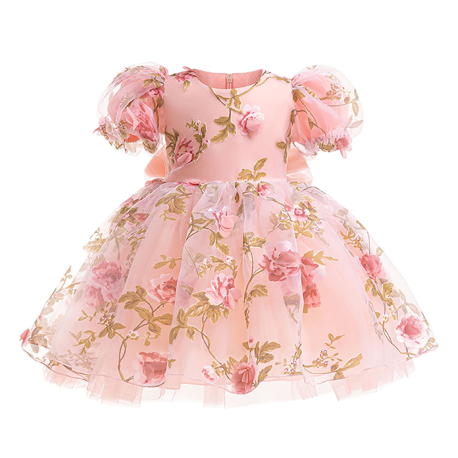 MQLKF Girls Summer Rose Pattern Tulle Dress Children Puff Sleeves Dress ...