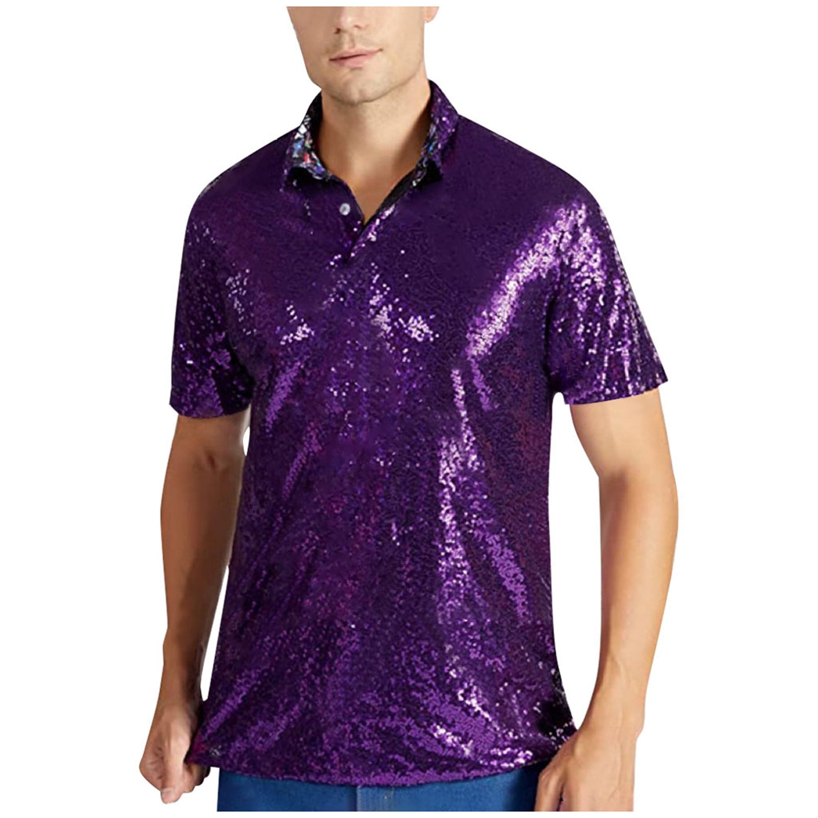 MQLKF Men's Relaxed Short Sleeve Turndown Sequins Shirts 70s Disco ...