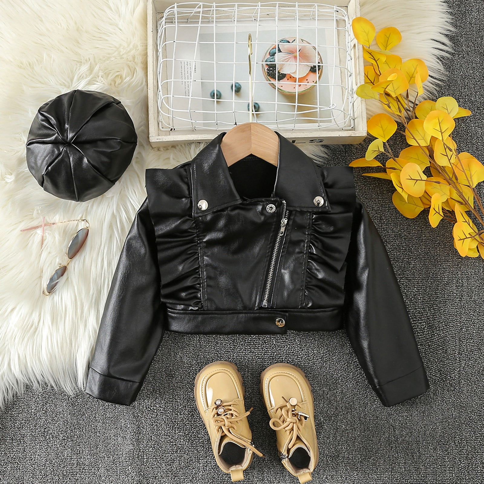 MQLKF Toddler Girls Faux Leather Motorcycle Jacket Cute Ruffle Spring ...