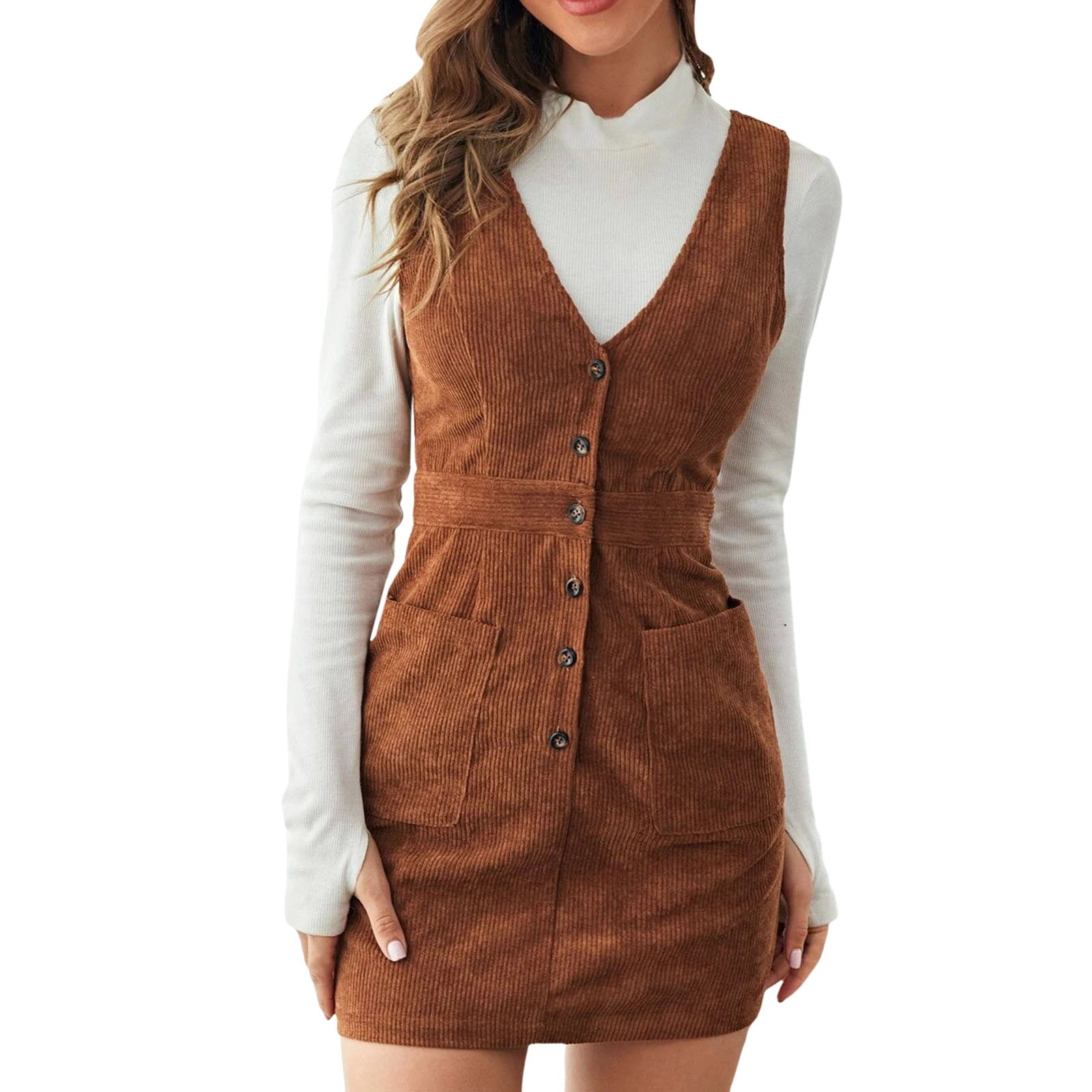 MQLKF Womens V Neck Sleeveless Corduroy Button Pinafore Overall Mini ...