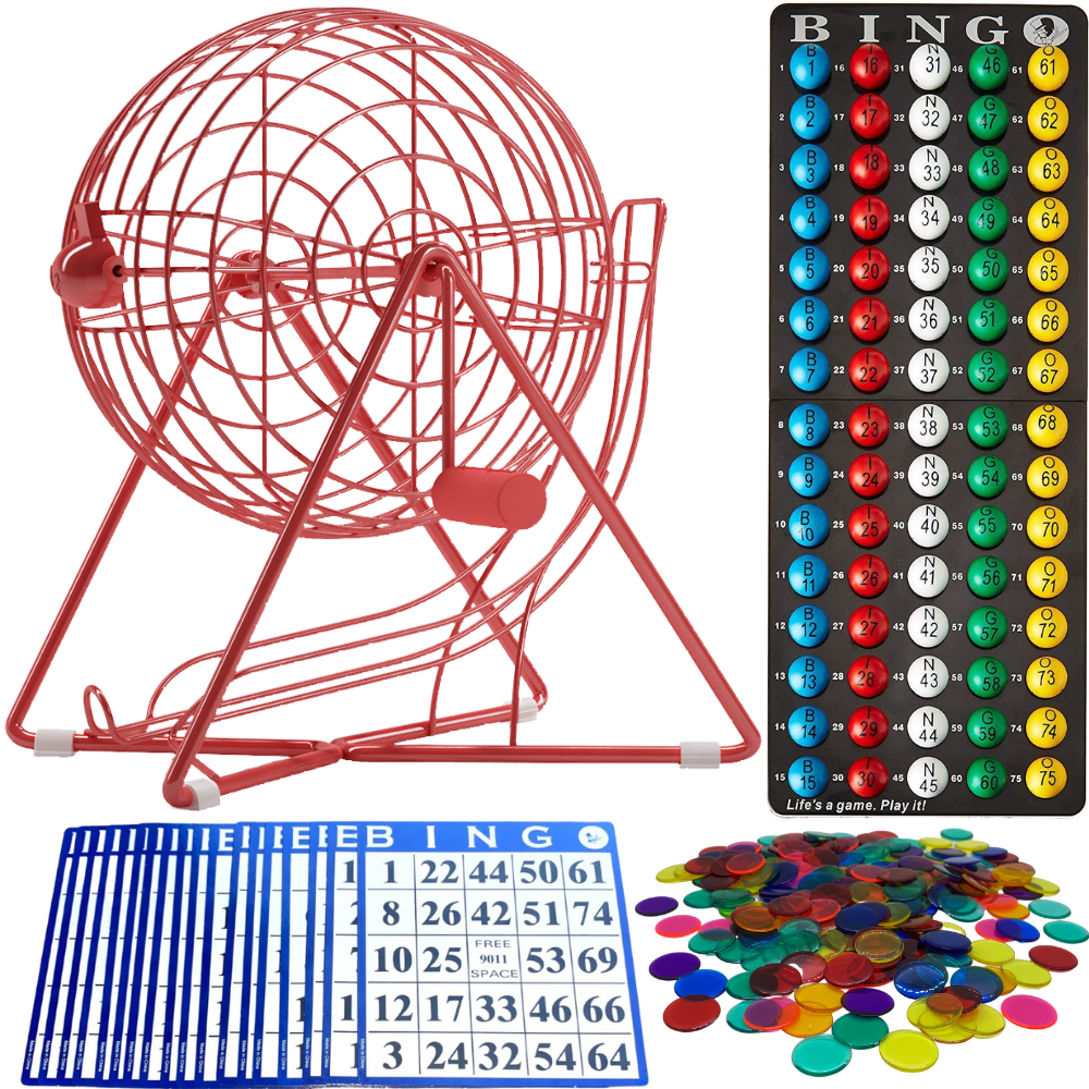 MR CHIPS Professional Bingo Set, 11'' Steel Cage, 7/8'' Balls, 18 Cards ...