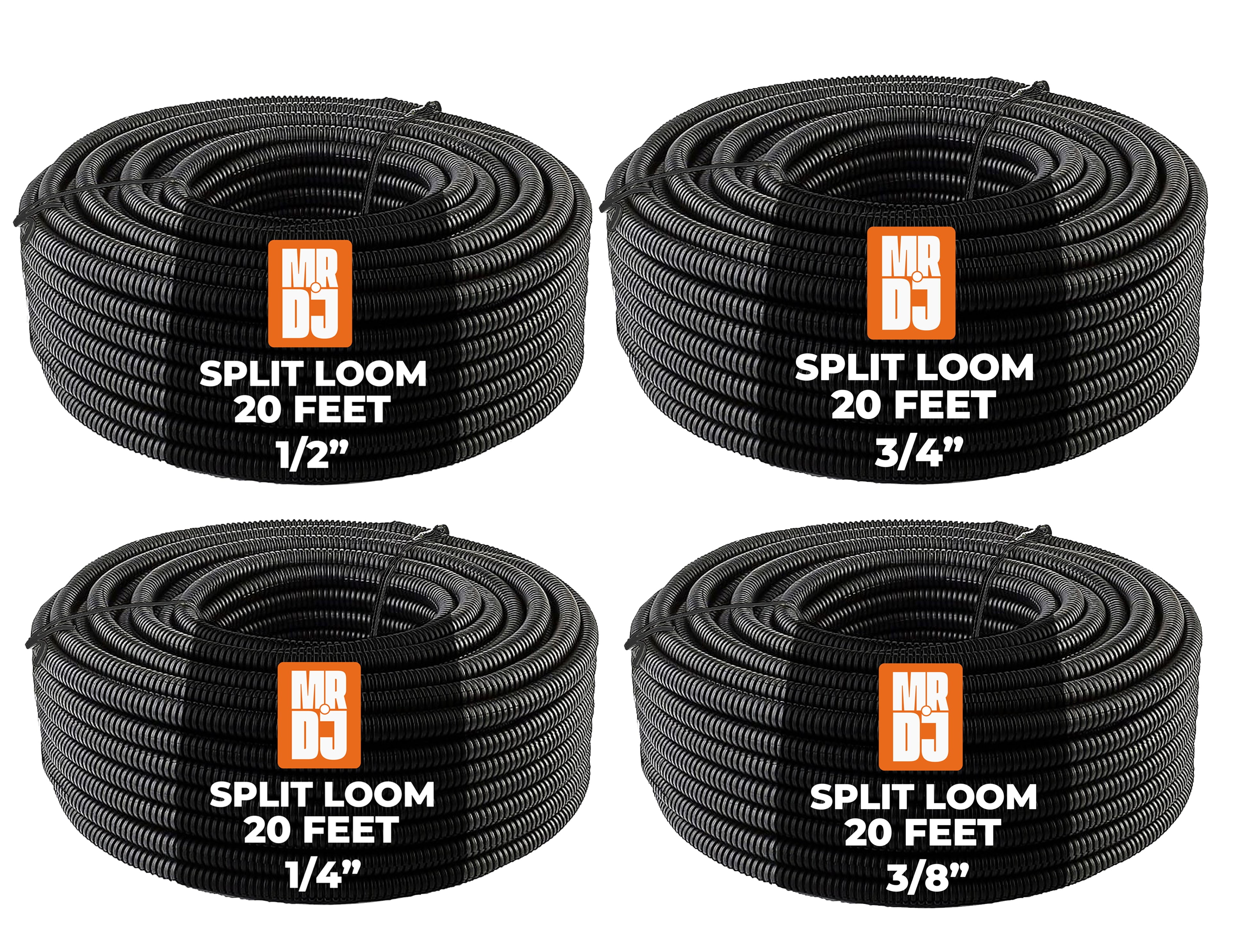 MR DJ 4-Pack 1/4", 3/8", 1/2", 3/4" x 20 Feet Each Split Wire Loom ...