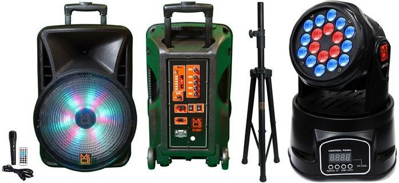 MR DJ DJ12BAT+ 12" Portable Bluetooth Speaker + Speaker Stand + 18-LED ...