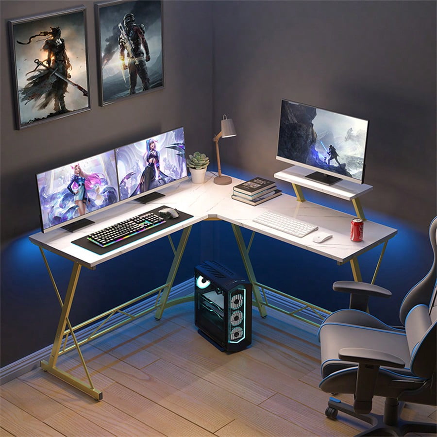 MR IRONSTONE Mr IRONSTONE L-Shaped 51-Inch Gaming Table Corner Computer Table With LED Light ...
