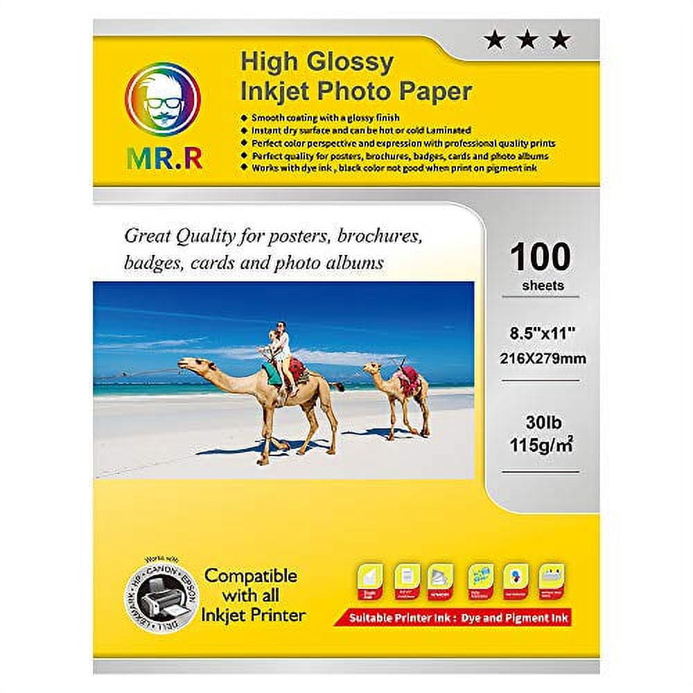 MR.R Single Side High Glossy Inkjet Photo Paper Letter Size 8.5"x11" with 100 sheets per pack ...