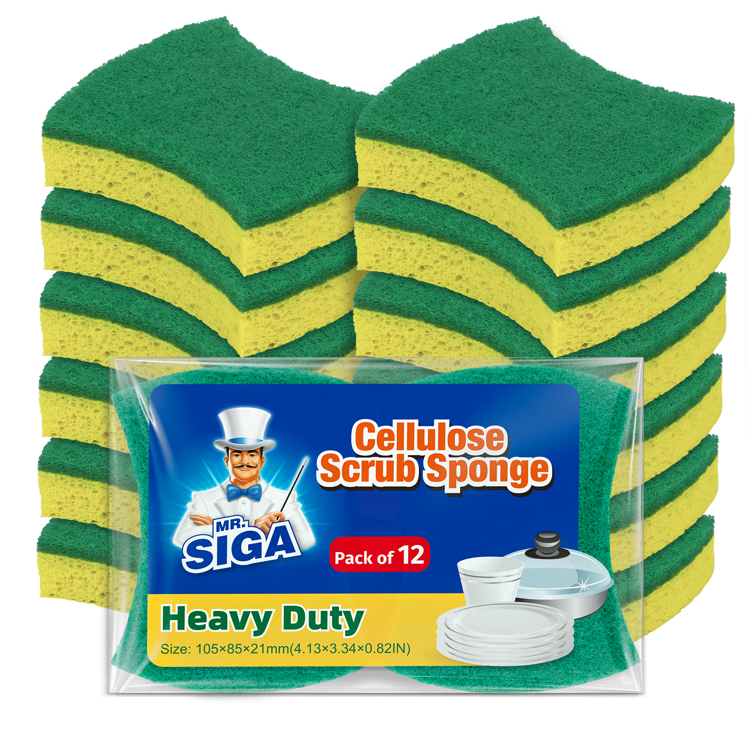 MR.Siga Cellulose Scrub Sponge Strong Absorbent, Dual-Sided Dishwashing ...