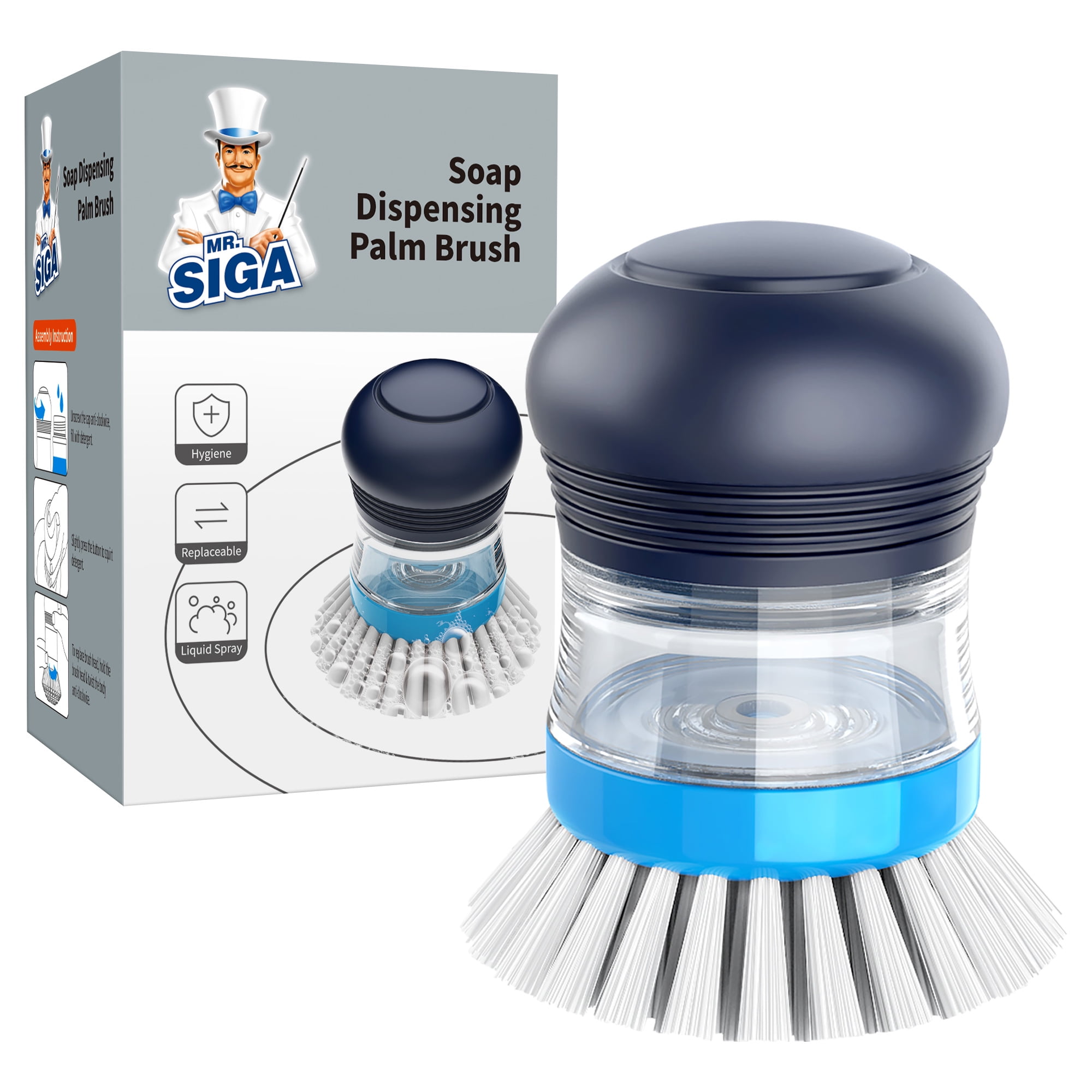 MR.SIGA, Soap Dispensing Palm Brush, Navy Nylon, 1 Pack - Walmart.com