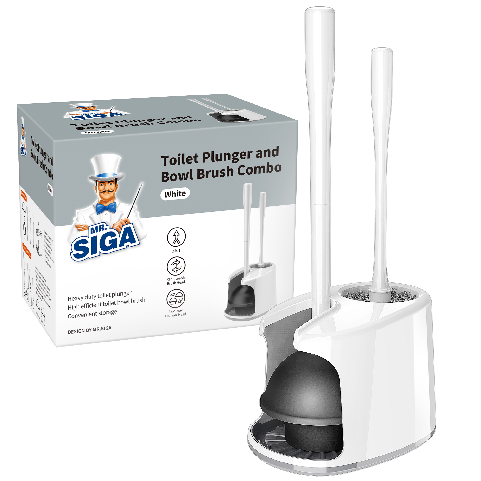 "MR.SIGA Toilet Plunger and Bowl Brush Set, White, Compact Holder, 6.3 ...
