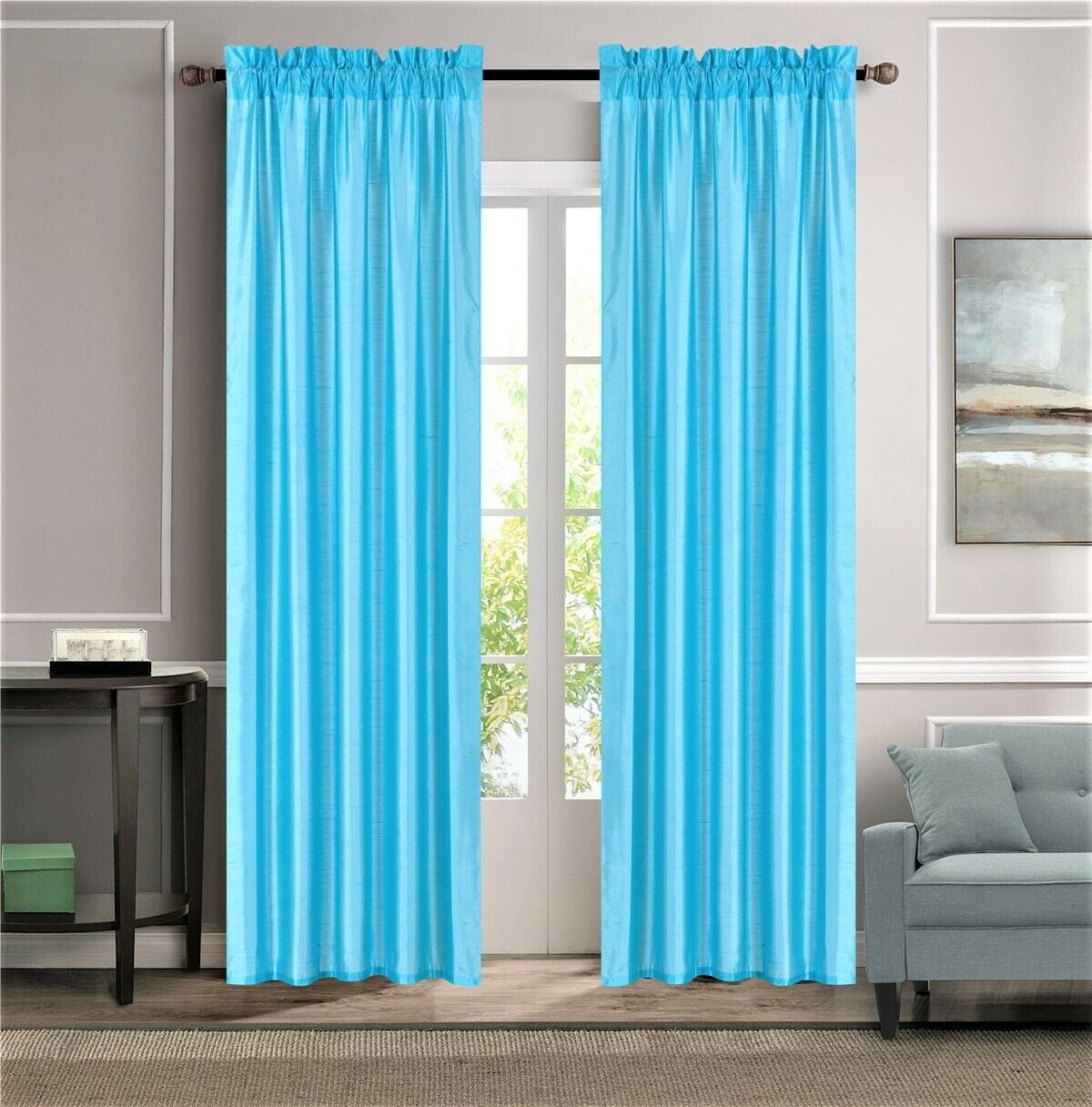 MR2 turquoise 2-piece set Rod Pocket Faux Silk Window Curtain Treatment ...