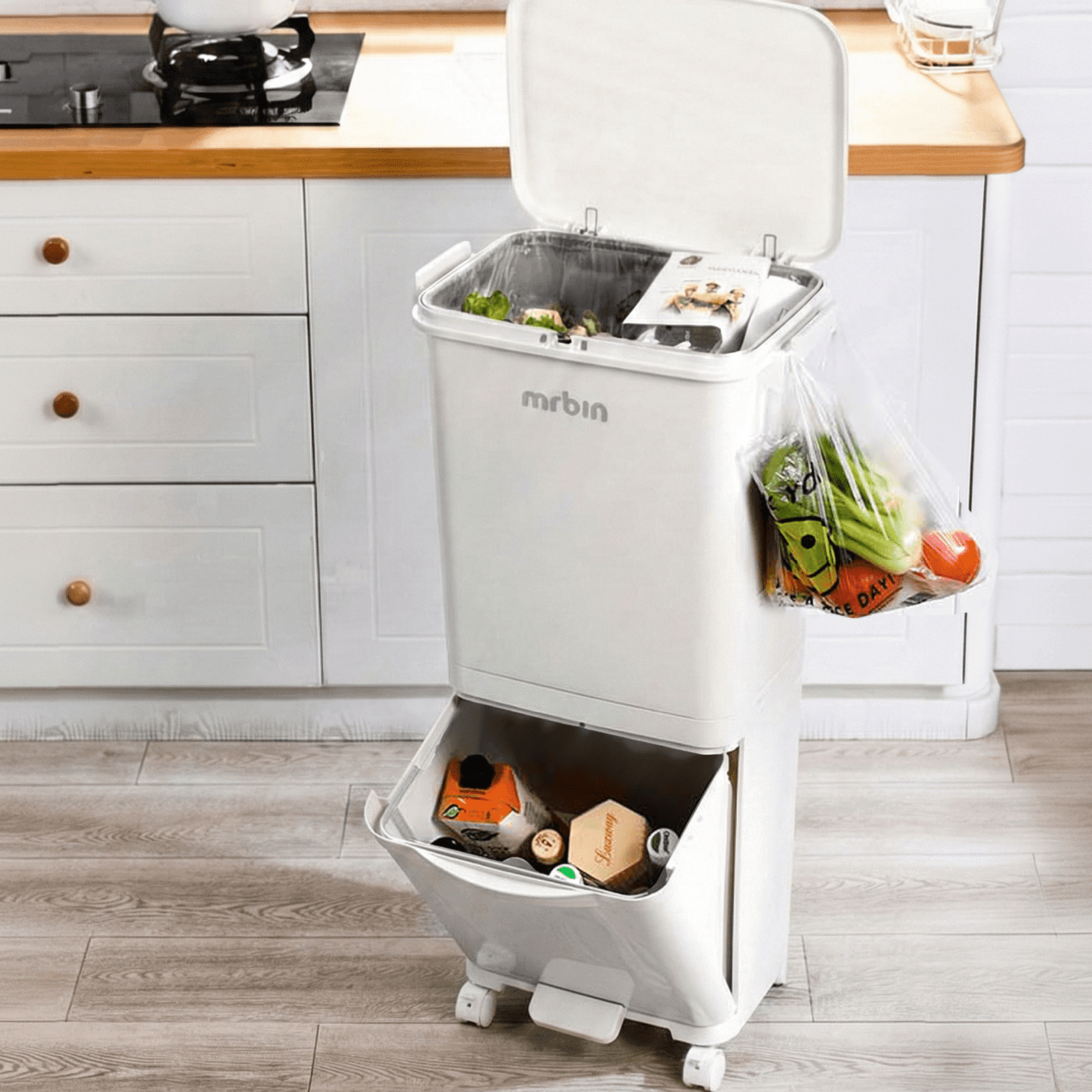 MRBIN Double Trash Can Kitchen with Wheels, 38L / 10 Gallon (24+14L), 2 ...