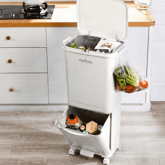MRBIN Double Trash Can Kitchen with Wheels, 38L / 10 Gallon (24+14L), 2 ...