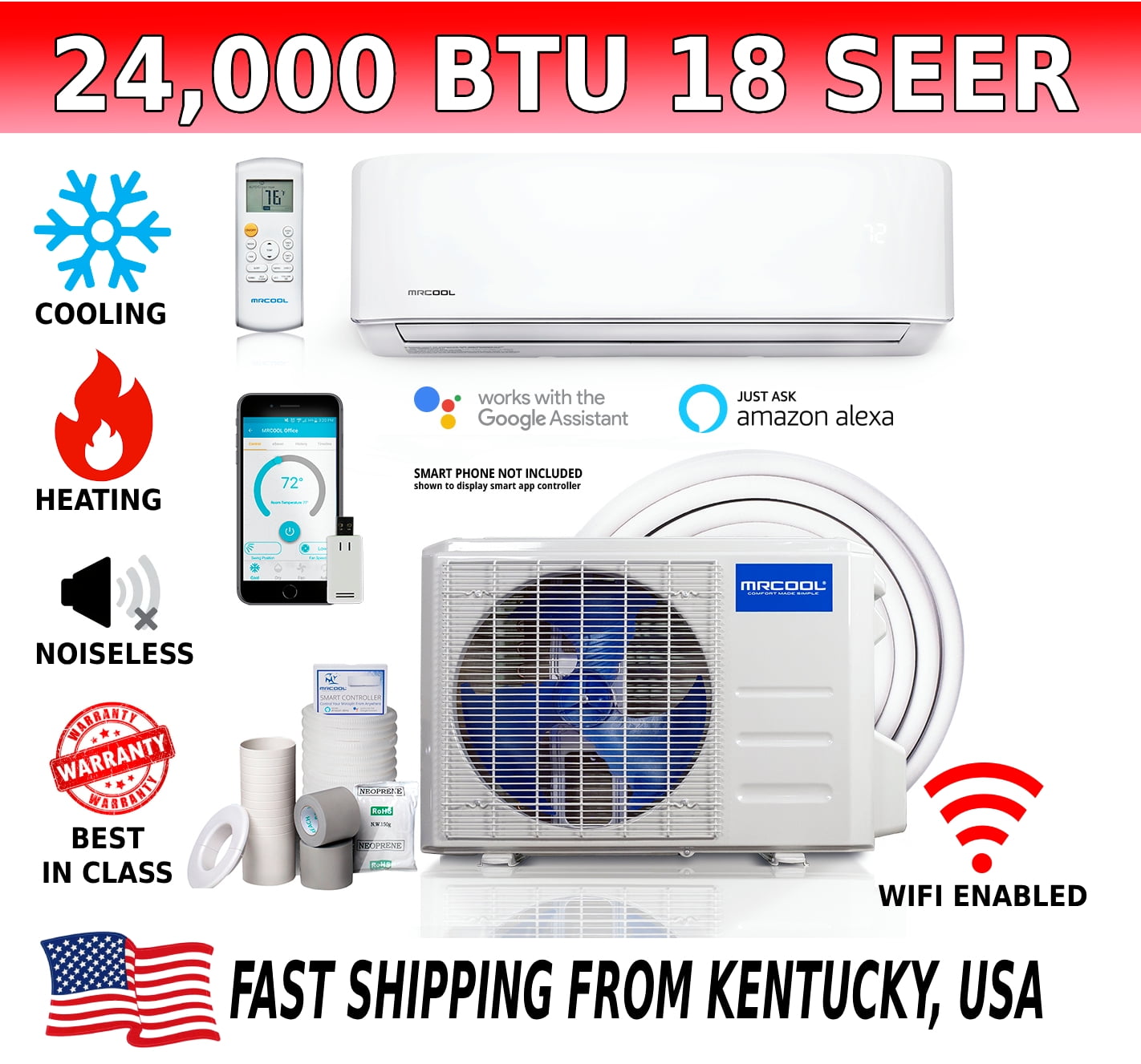 MRCOOL 24000 BTU Ductless Mini Split Air Conditioner and Heater 18 SEER Coverage up to 1100 Sq ...