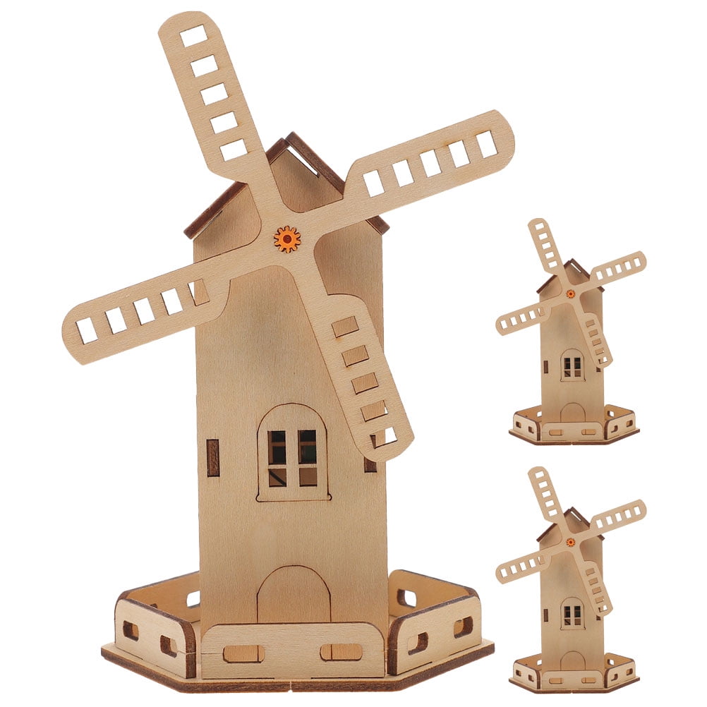 MRLESS 3pcs Solar Powered DIY Windmill Kit Wooden House Construction ...