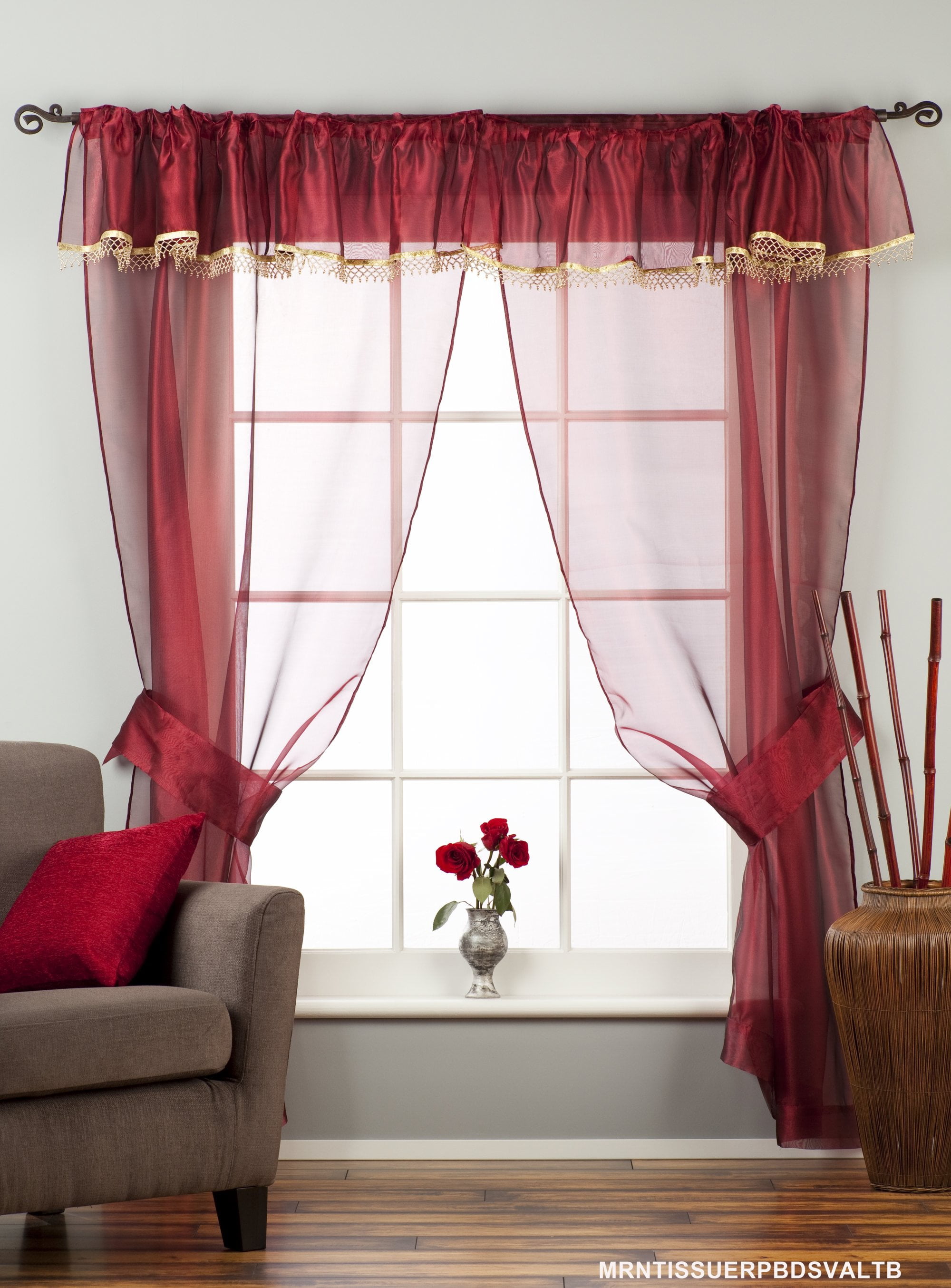 MRN-Rod Pocket Sheer Tissue Curtain w/ Beaded Valance w/ Tieback ...