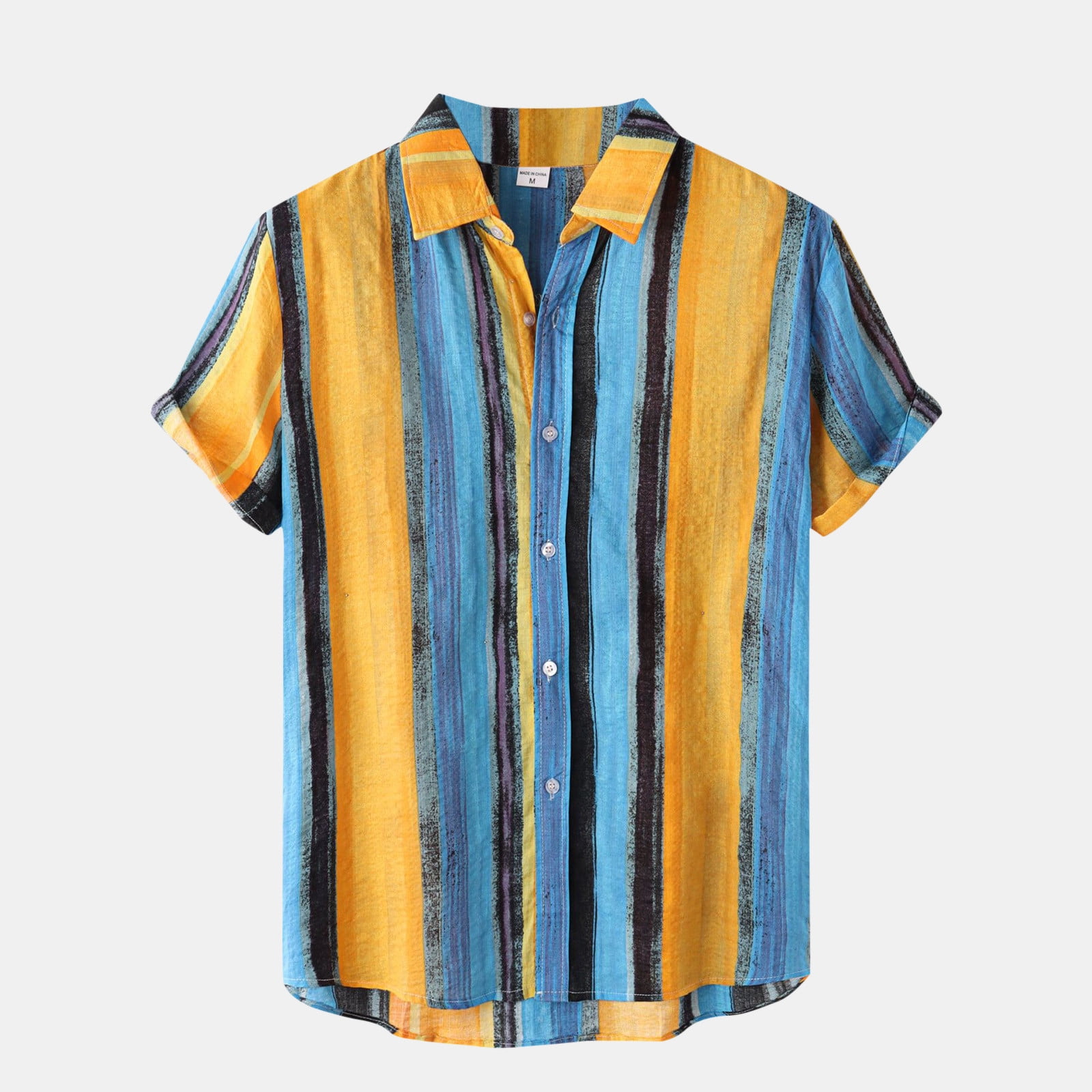 MRULIC mens shirts Short Button Shirt Collar Men's Casual Stripe Sleeve ...