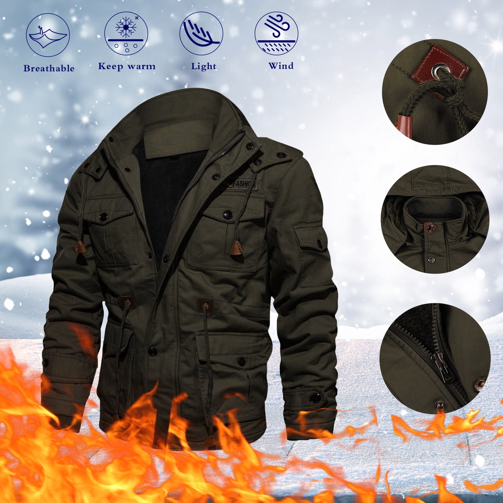 MRULIC parka men Men's Winter Hooded Large Size Outwear Muli-pockets ...