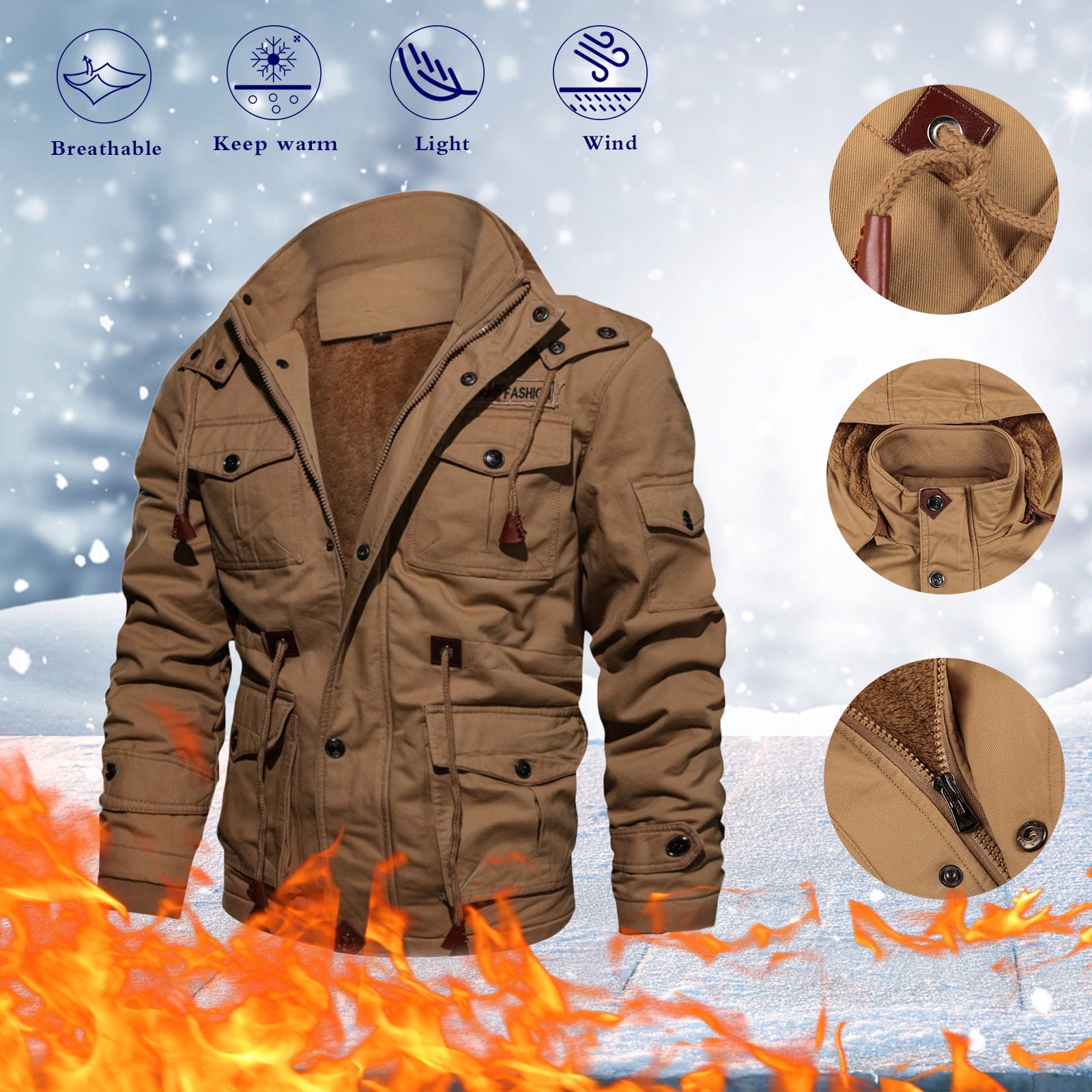 MRULIC parka men Men's Winter Hooded Large Size Outwear Muli-pockets ...