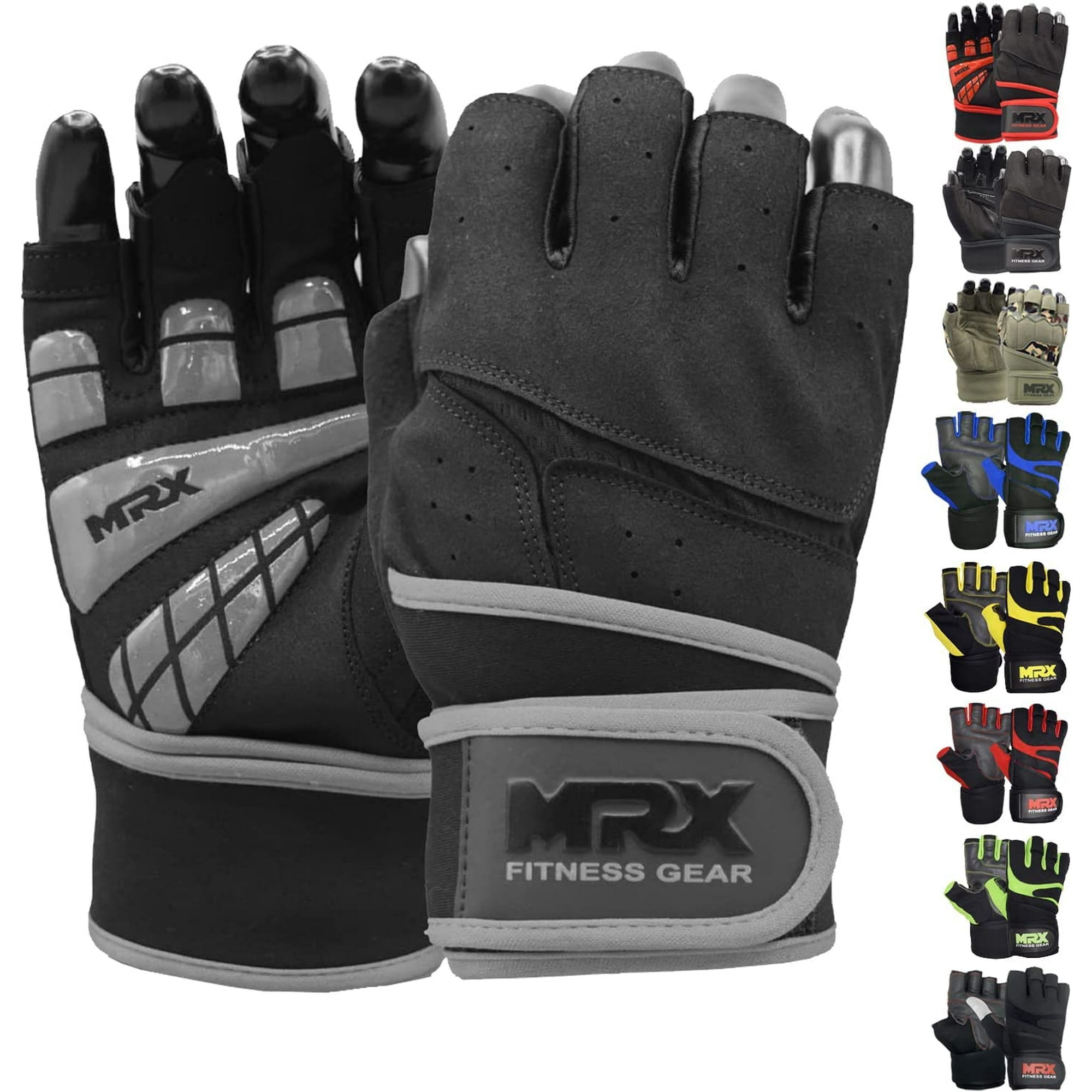 MRX Weightlifting Gloves, Grey, Padded Leather Palm, Wrist Wrap Support ...