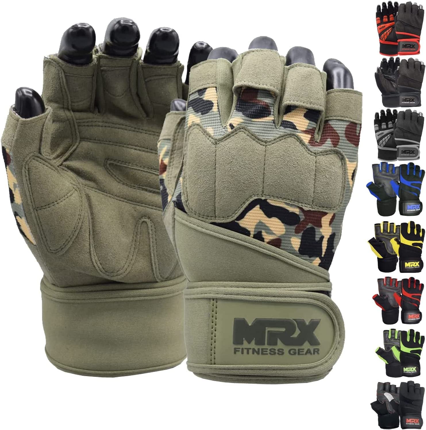 MRX Weightlifting Gloves Wrist Wrap Support Body Building Gym Olive L ...