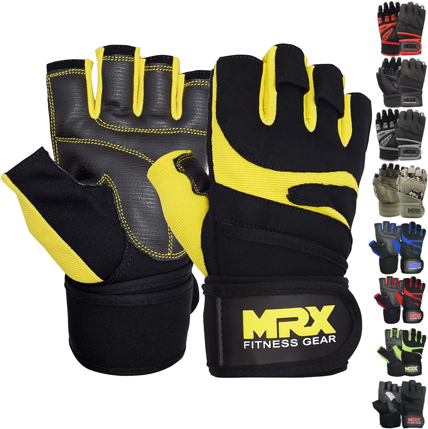 MRX Weightlifting Gloves Wrist Wrap Support Body Building Gym Yellow L ...