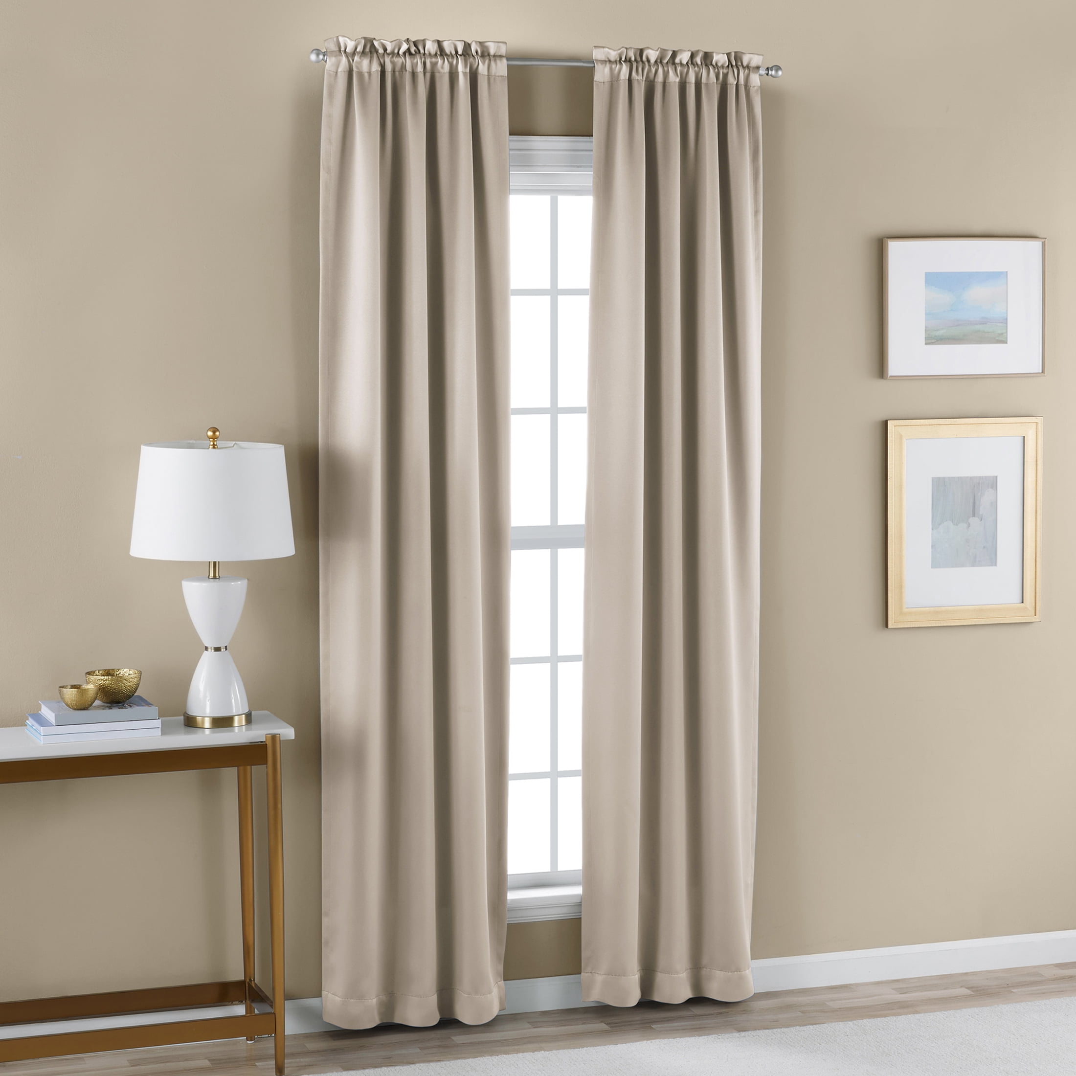 Mainstays 2-Piece Solid Beige Rod Pocket Blackout Curtain Set, 30" x 95 ...