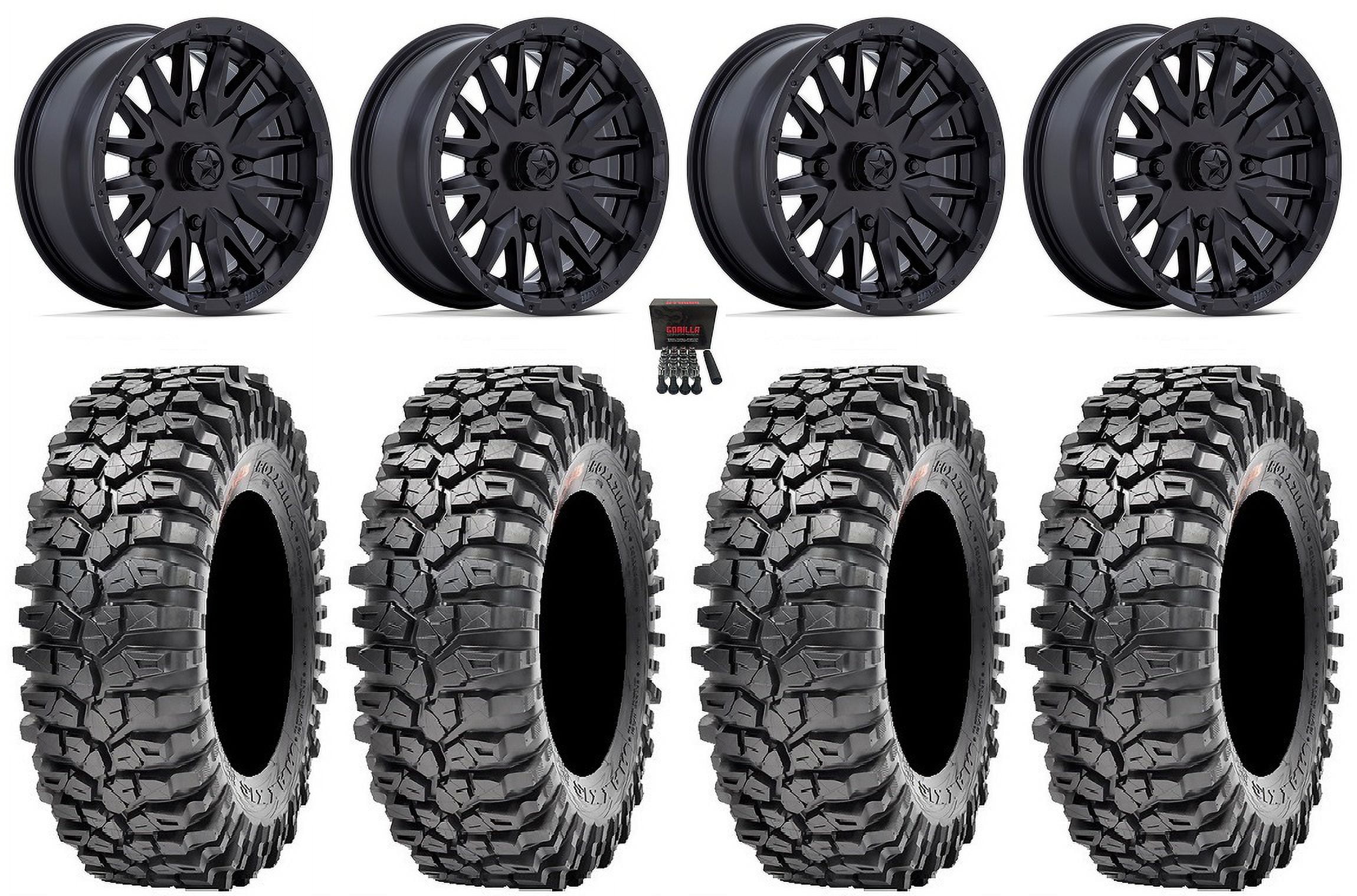 MSA Creed 15" Wheels Black 32" Roxxzilla 396 Tires Can-Am Commander Maverick Renegade Outlander ...