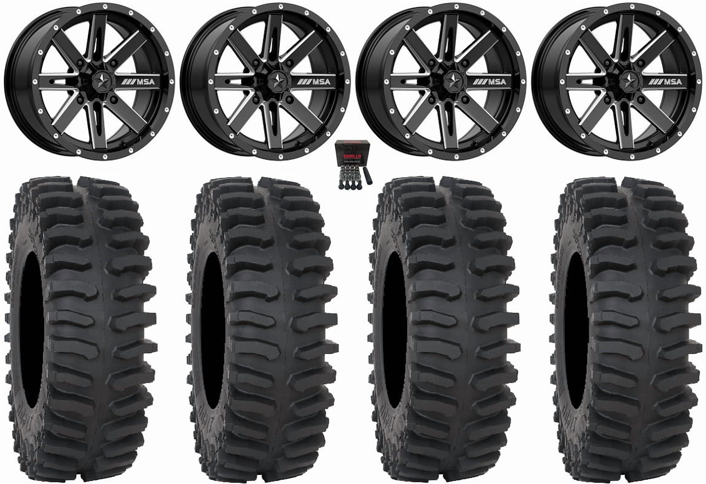 MSA Milled Boxer 14" ATV Wheels 28" XT400 Tires Sportsman RZR Ranger ...