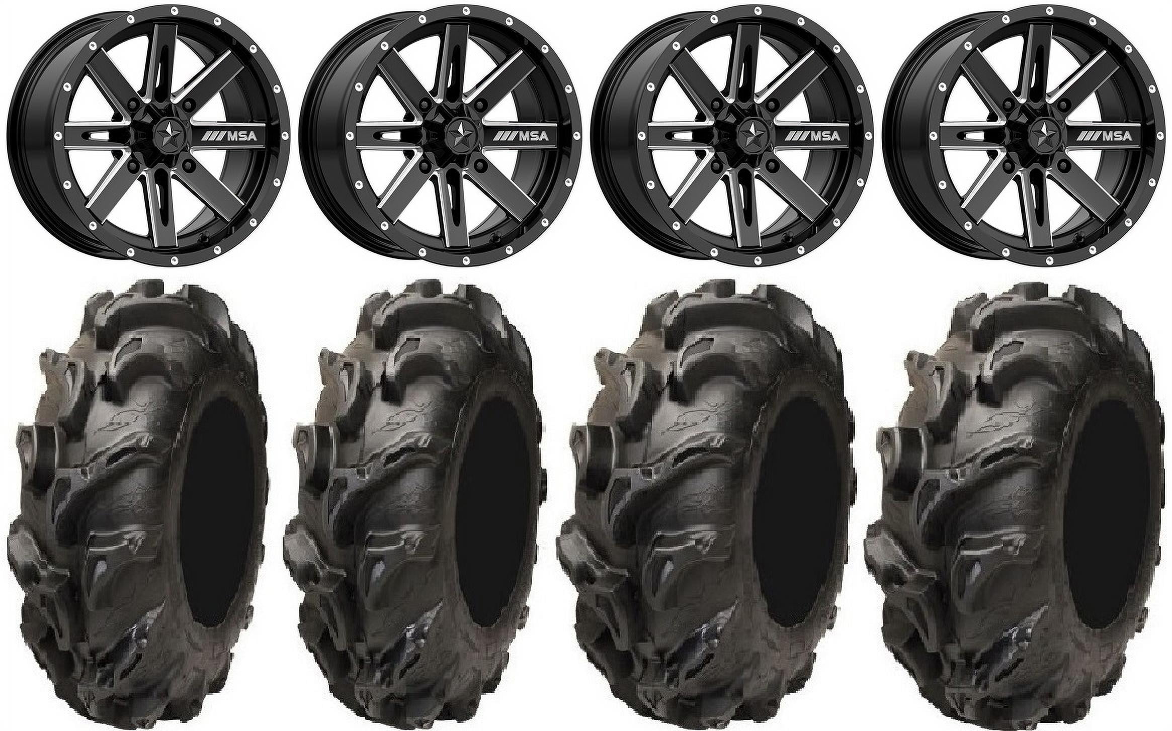 MSA Milled Boxer 14" UTV Wheels 28" Mega Mayhem Tires Honda Pioneer ...