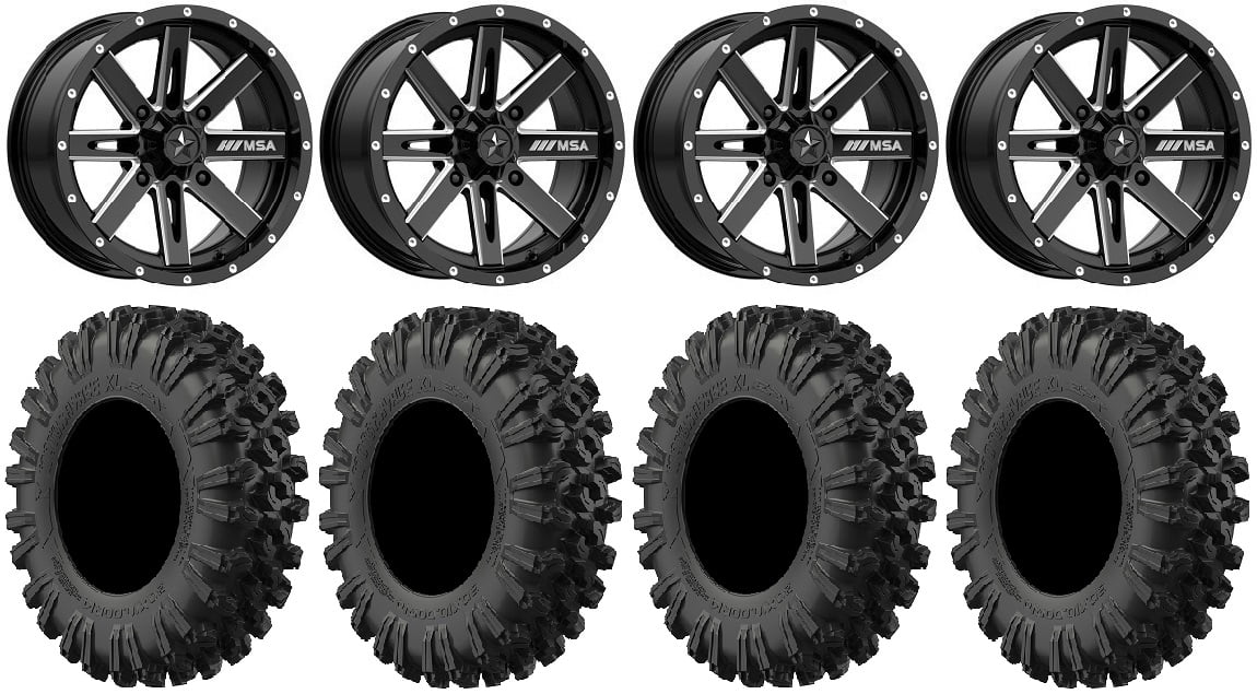 MSA Milled Boxer 14" UTV Wheels 28" MotoRavage XL Tires Honda Pioneer ...