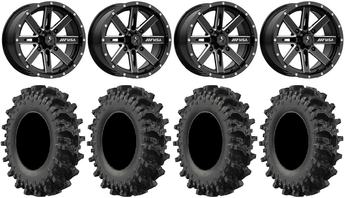 MSA Milled Boxer 14" UTV Wheels 28" MotoSlayer Tires Honda Pioneer ...