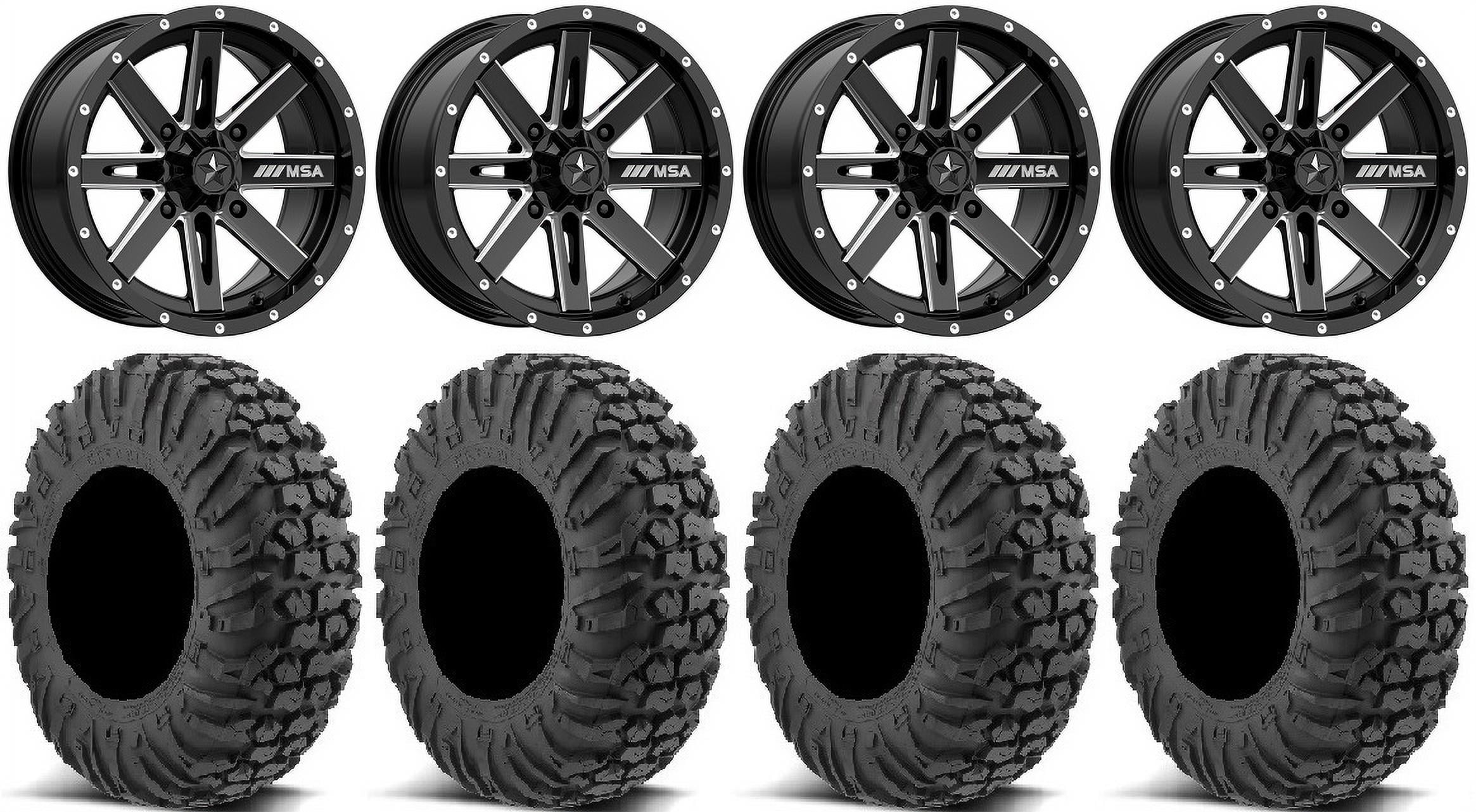 MSA Milled Boxer 14" UTV Wheels 32" MotoVator Tires Yamaha Viking ...