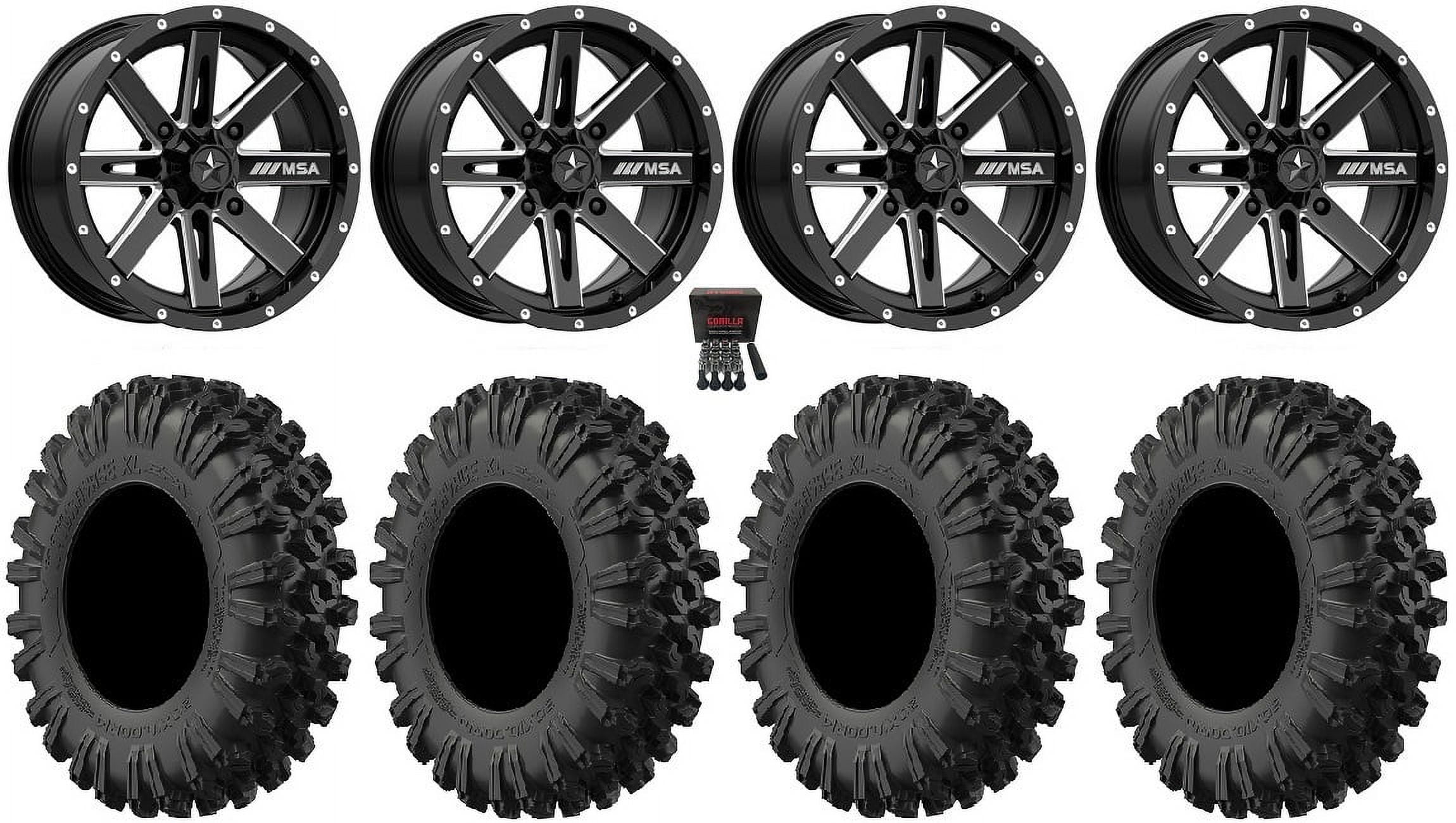 MSA Milled Boxer 15" UTV Wheels 35" MotoRavage XL Tires Kawasaki Mule ...