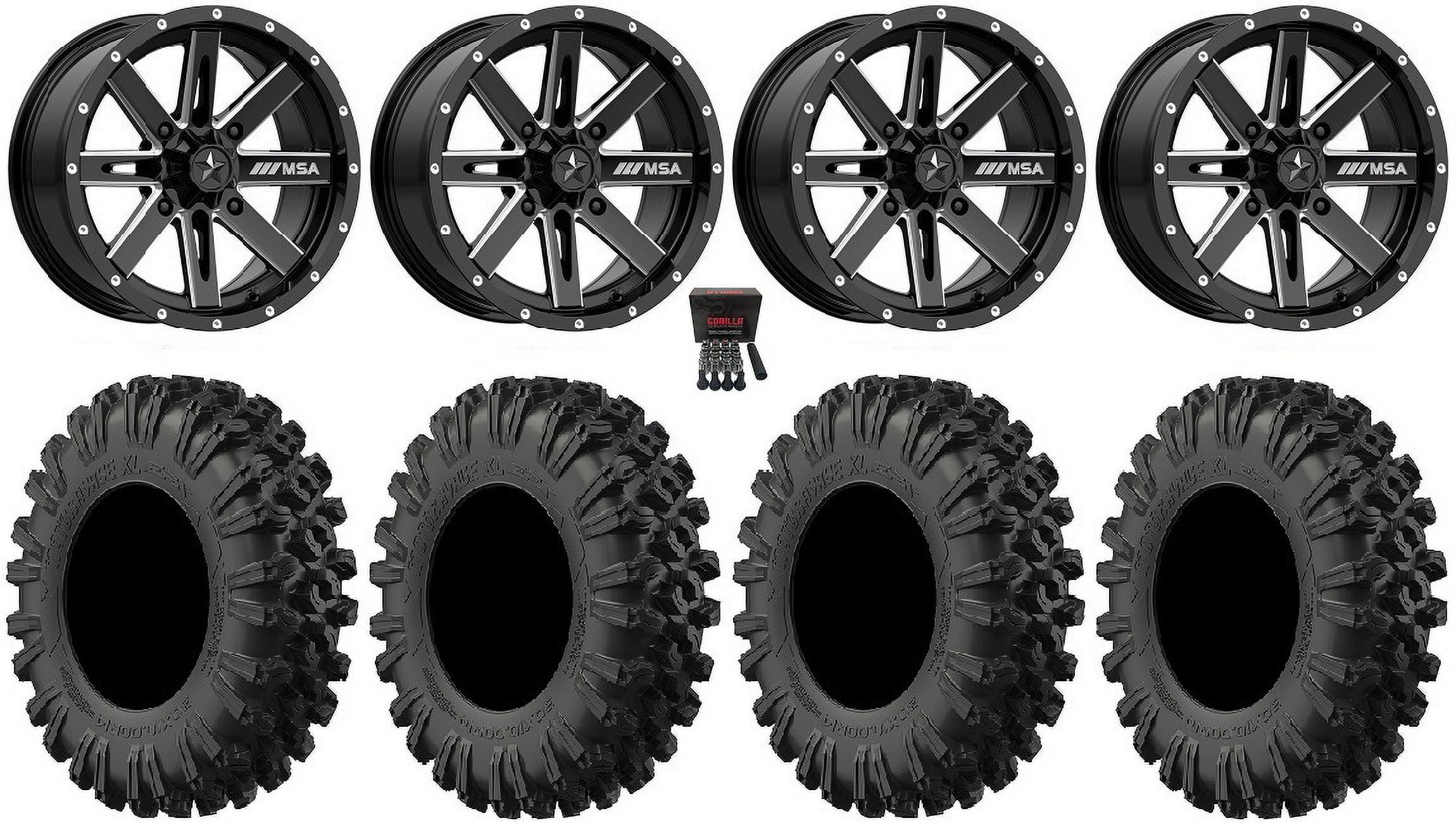 MSA Milled Boxer 15" UTV Wheels 37" MotoRavage XL Tires Can-Am Maverick ...