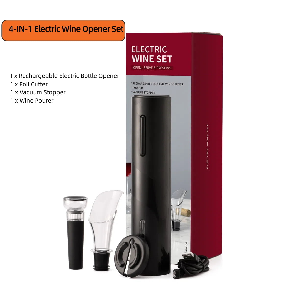 MSAS Electric Wine Bottle Opener with Foil Cutter, Vacuum Stopper, and ...