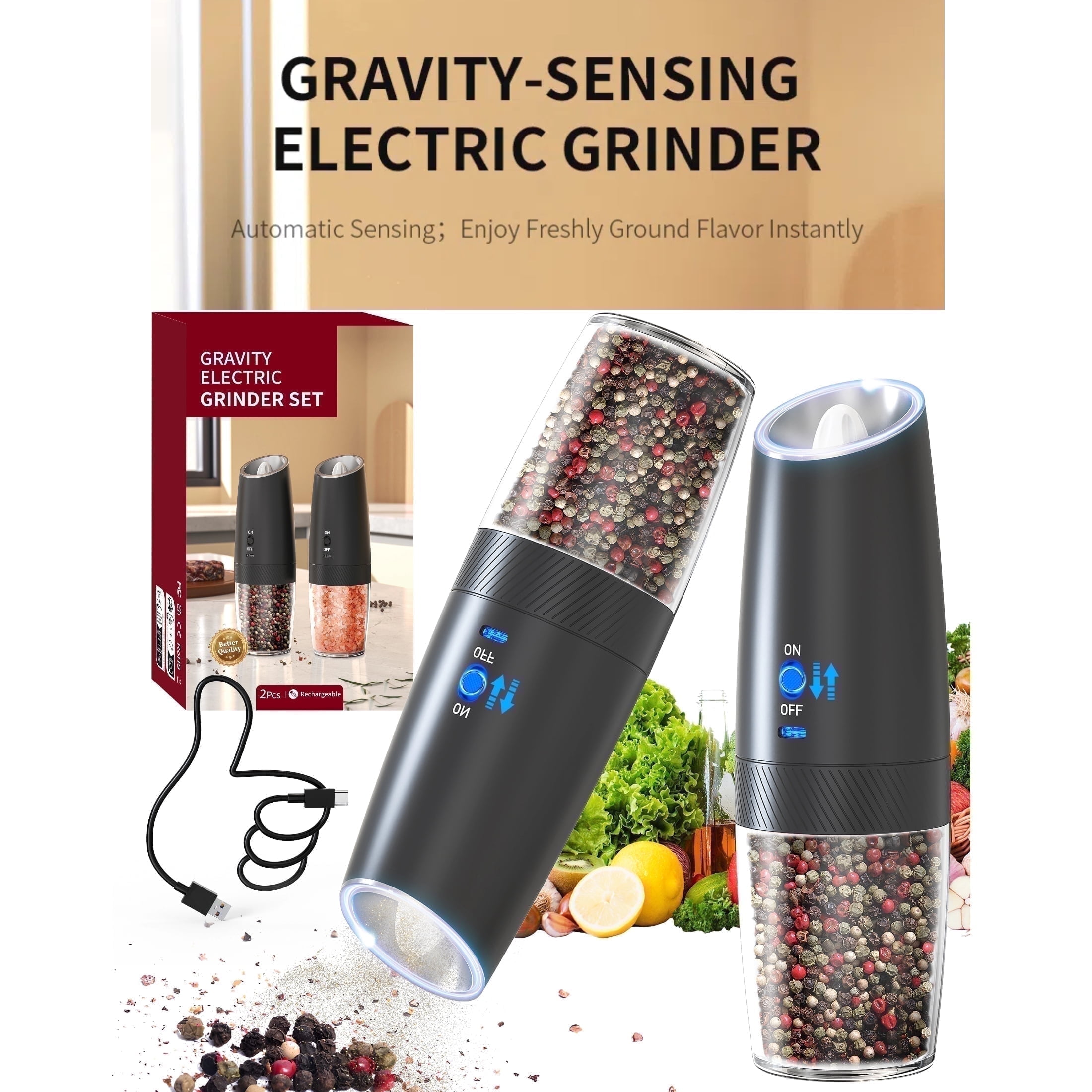 MSAS Gravity Auto-Start Salt & Pepper Mill Grinder Sets，USB Rechargeable, Black, 2 Pack ...