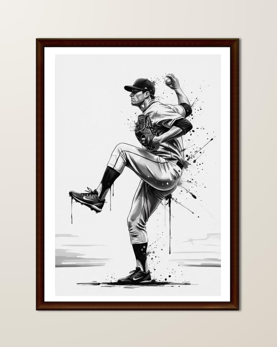 MSFCON Baseball Pitcher Wall Art – Black & White Ink Splash ...
