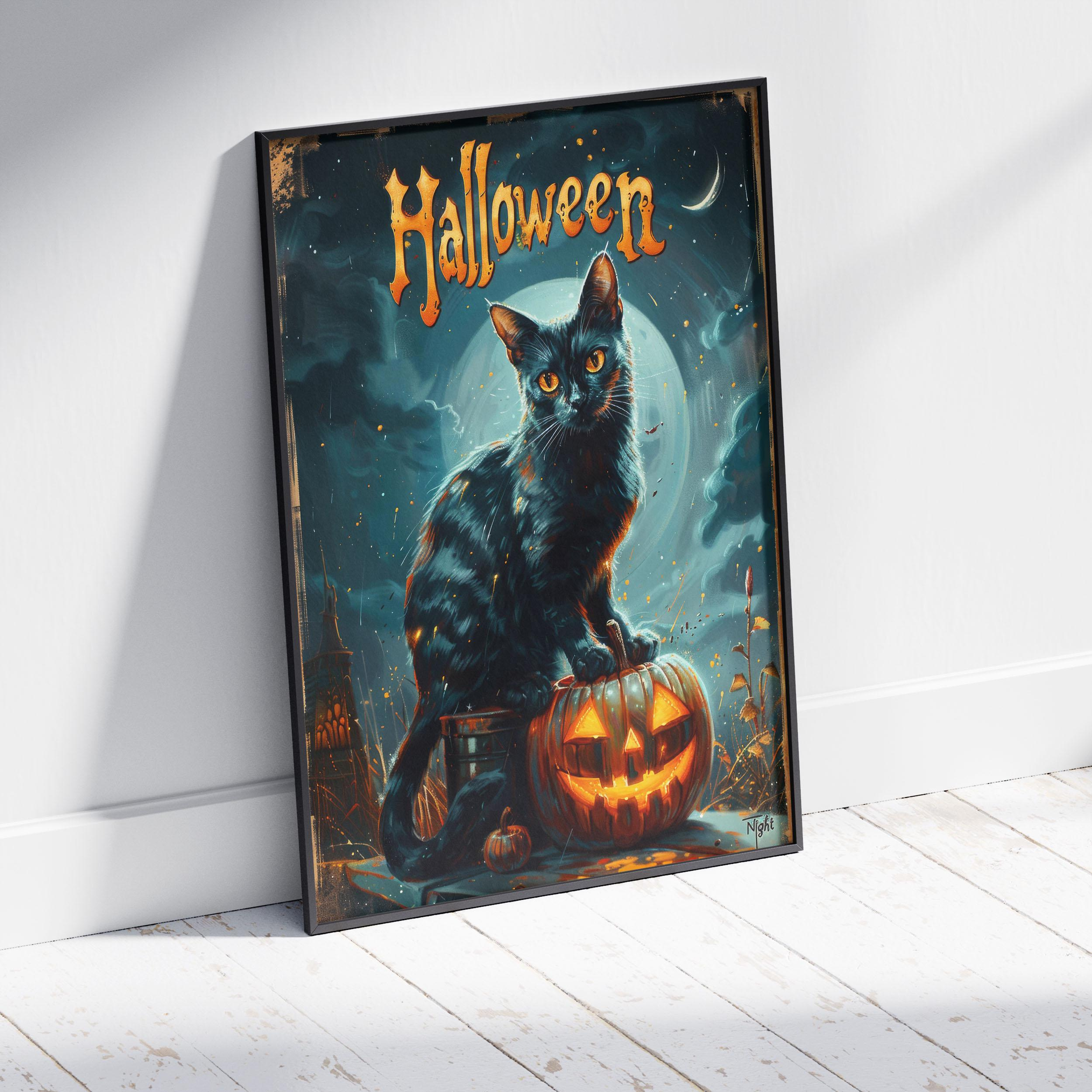 MSFCON Black Cat Halloween Poster Spooky Pumpkin Wall Art Print with ...