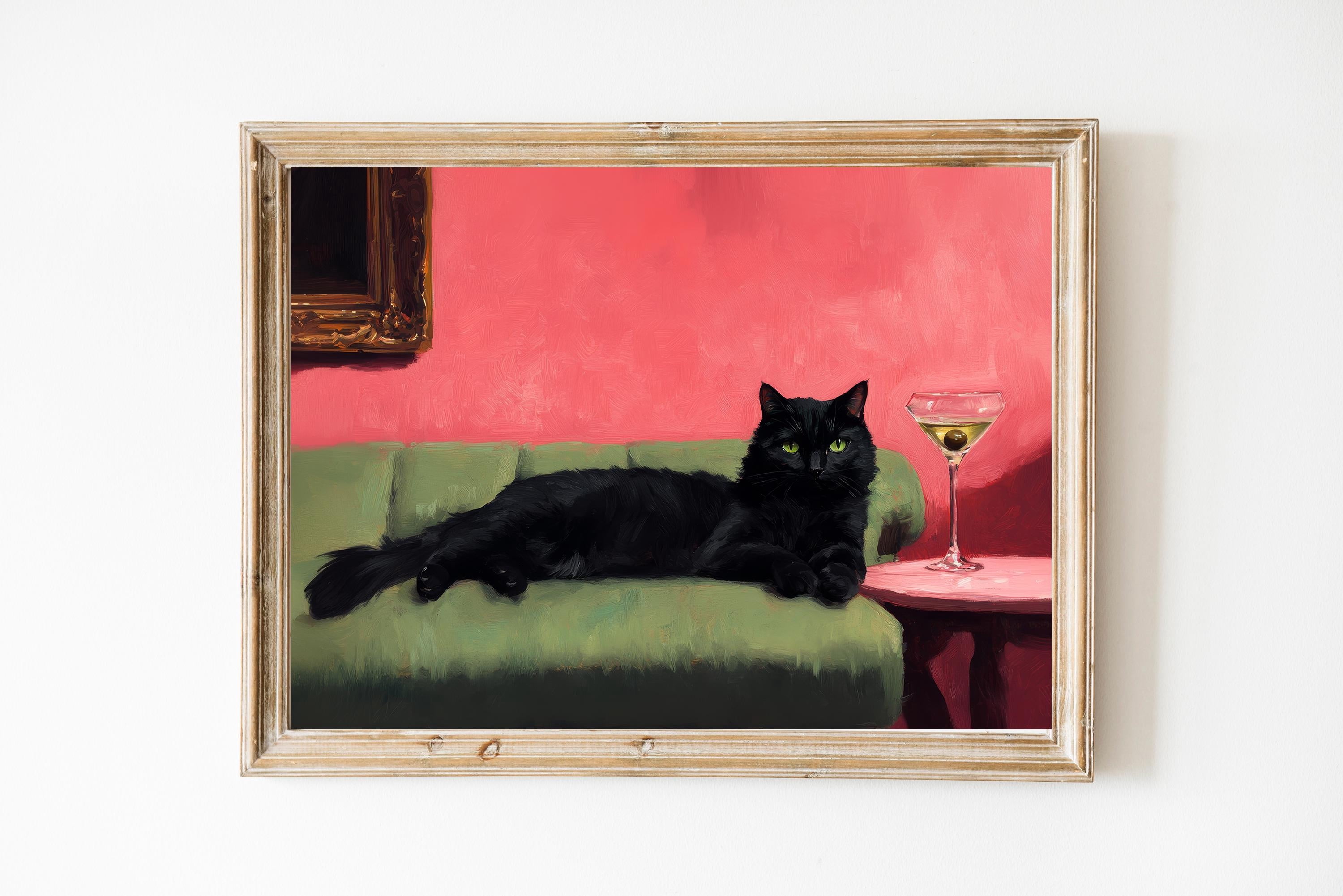 MSFCON Black Cat with Martini Art Print | Cute Quirky Whimsical ...