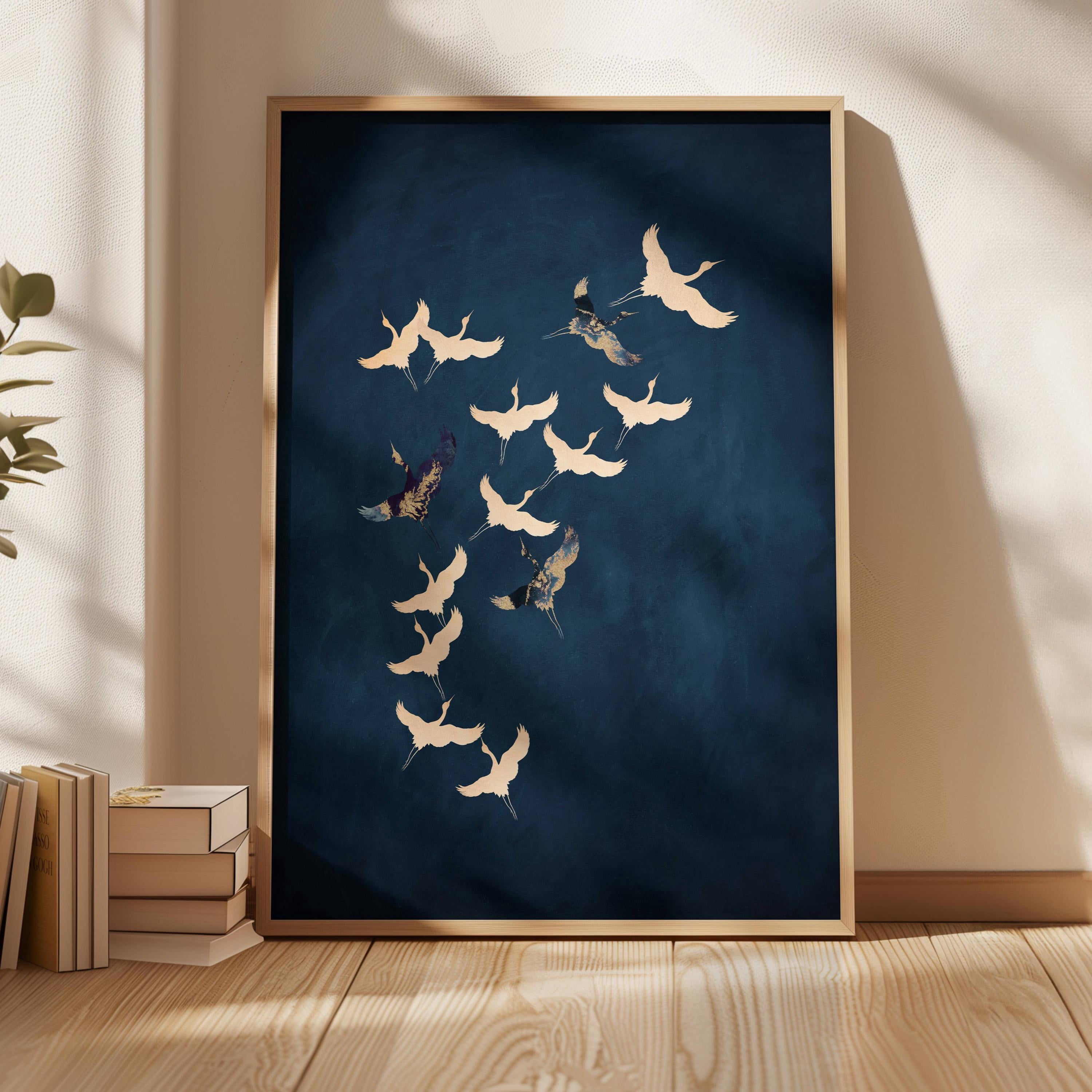 MSFCON Blue and Gold Japanese Wall Art, Flying Cranes Japanese Print ...
