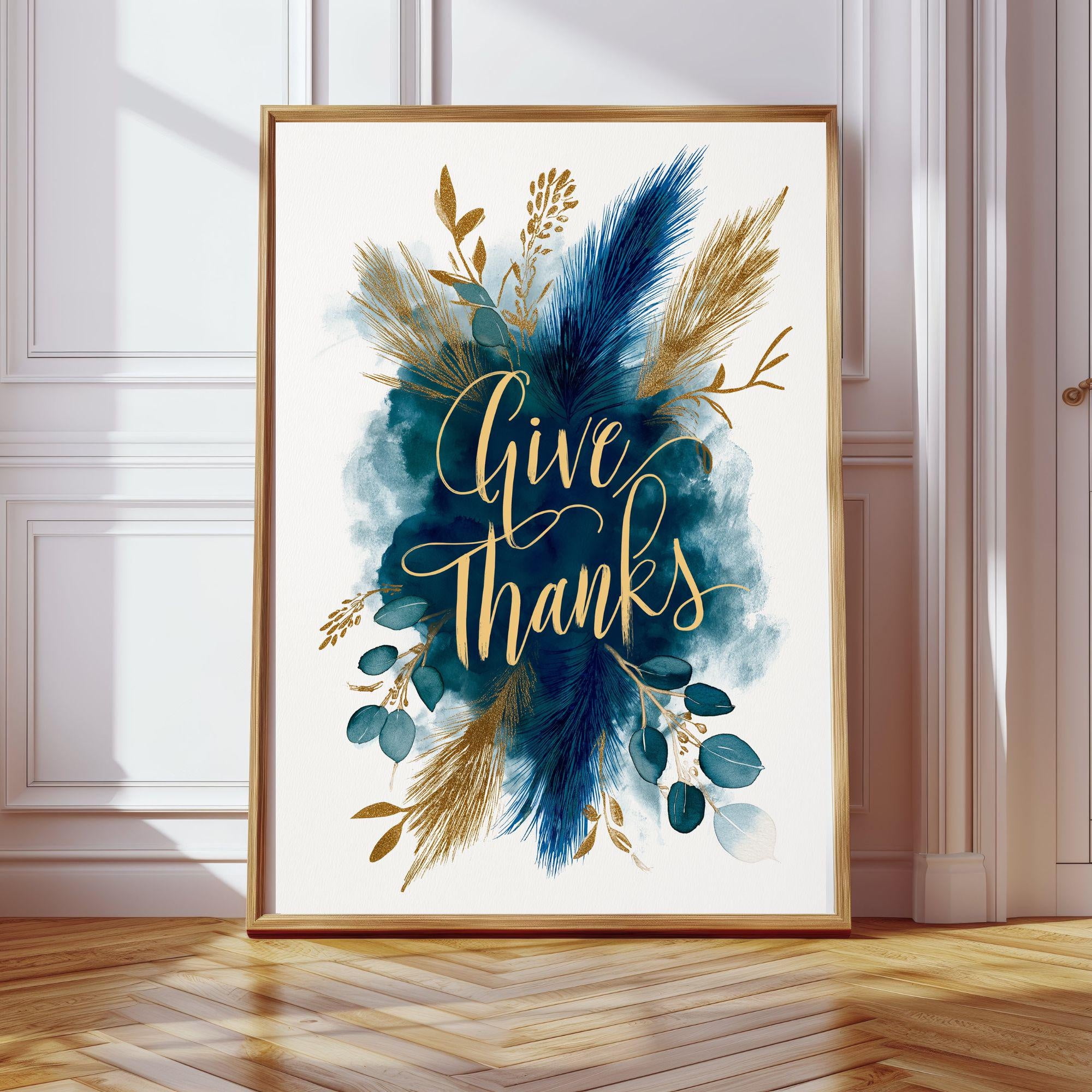 MSFCON Boho Thanksgiving Poster, Blue Gold Give Thanks Quote Wall Art ...